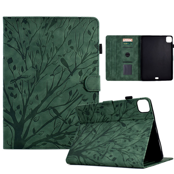 iPad Pro 11 2024 Fortune Tree Embossed Leather Smart Tablet Case - Green