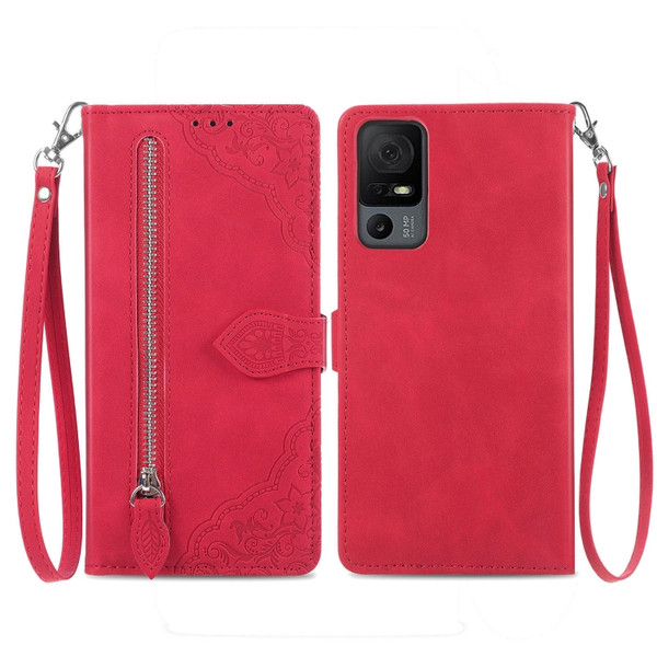 Phone Cases - TCL Embossed Flower Leather Zipper Red