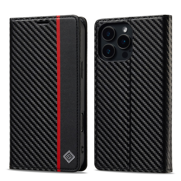 iPhone 16 Pro LC.IMEEKE Carbon Fiber Leather Phone Case - Vertical Black