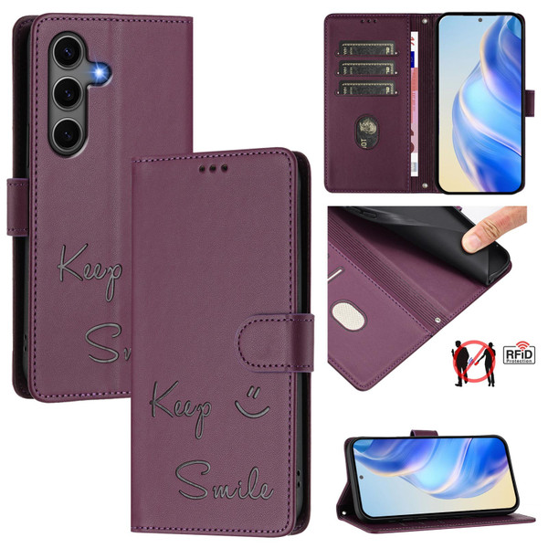Samsung Galaxy S25+ 5G Smile Embossing RFID Leather Phone Case - Violet