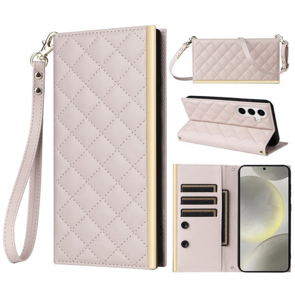 Samsung Galaxy S25 5G Crossbody Rhombic Sucker Leather Phone Case - White