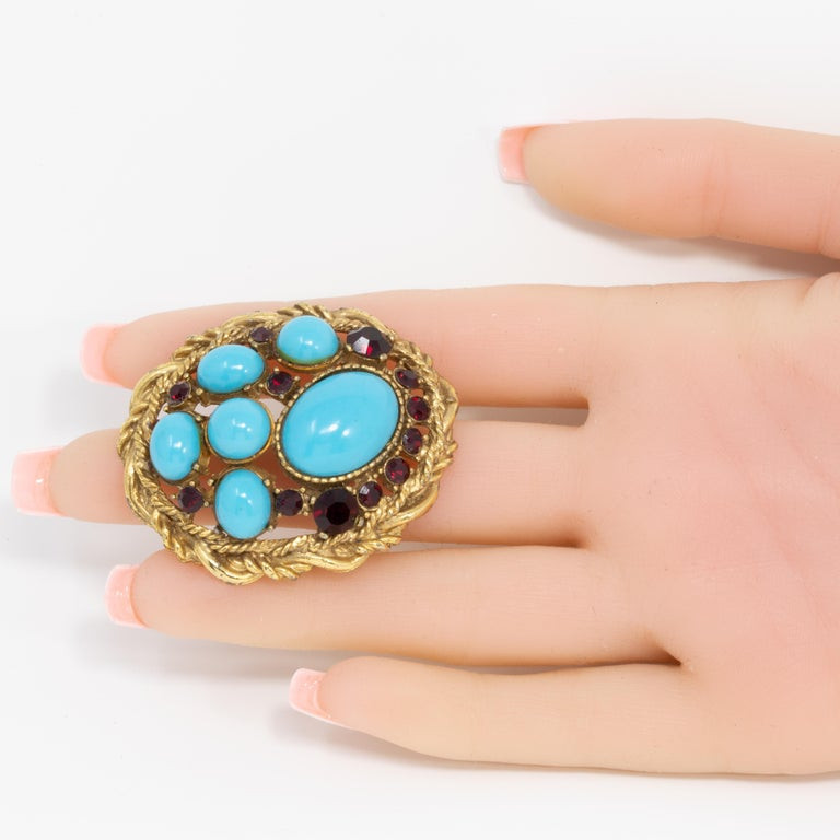 Sphinx Golden Turquoise Cabochon and Ruby Crystal Pin Brooch, Mid 1900s ...