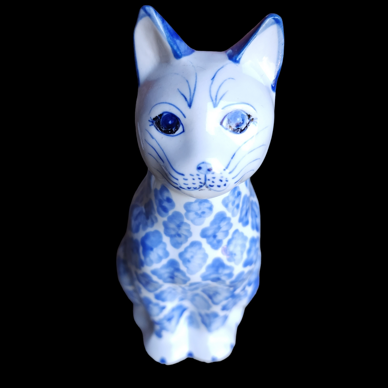 Porcelain Blue And White Hand Painted Sitting Cat Figurine
