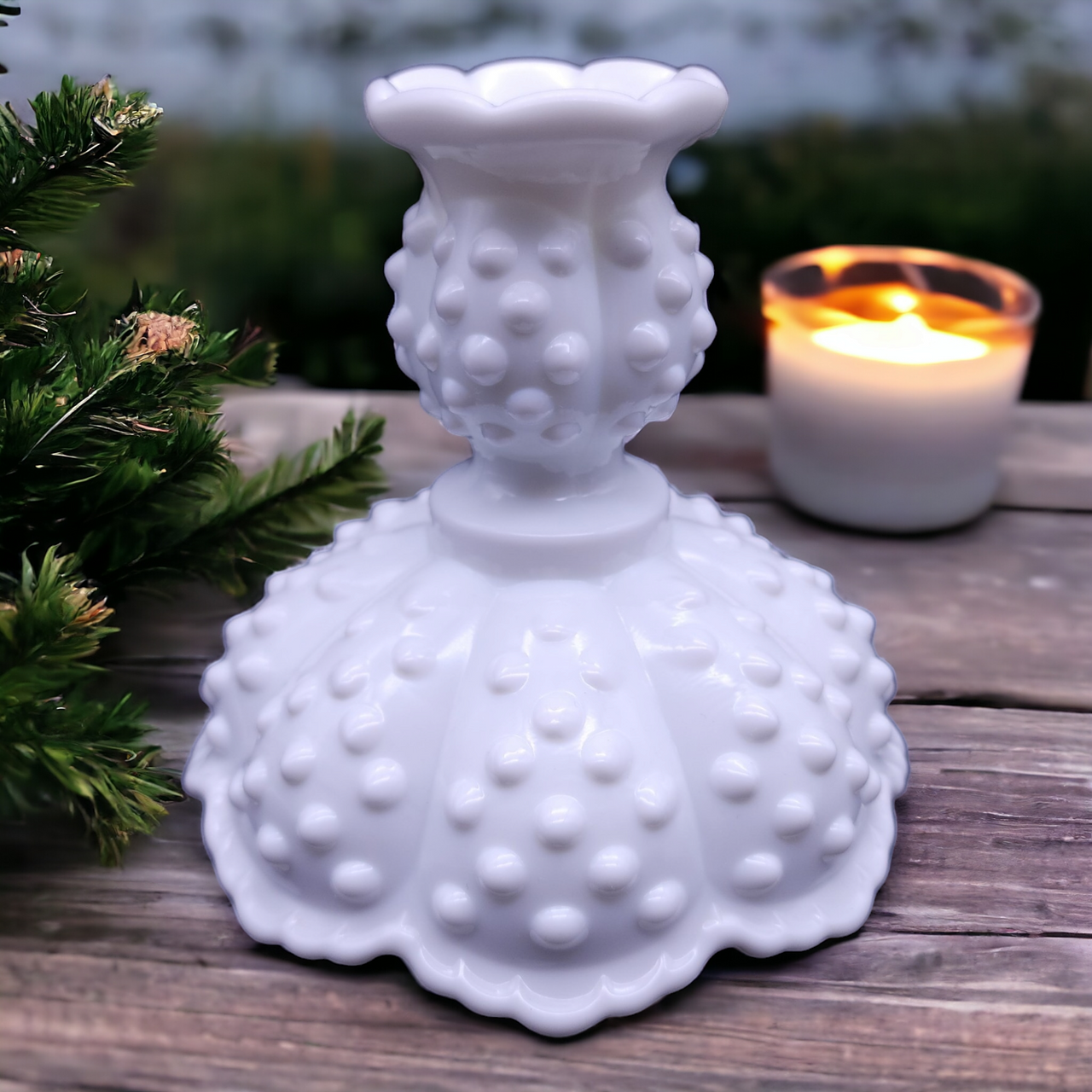 7" Fenton Hobnail Milk Glass Single Light Candlestick