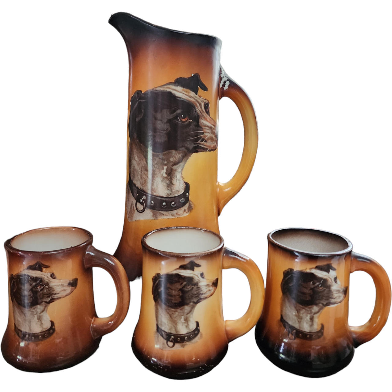 Taylor Smith & Taylor Pitcher & 3 Mugs With Terrier Dog