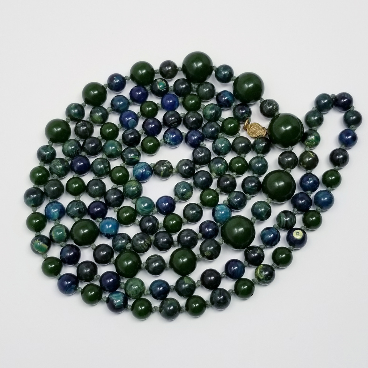 Dark Green & Blue Marbled Bakelite 59" Long Alternating Bead Necklace ...