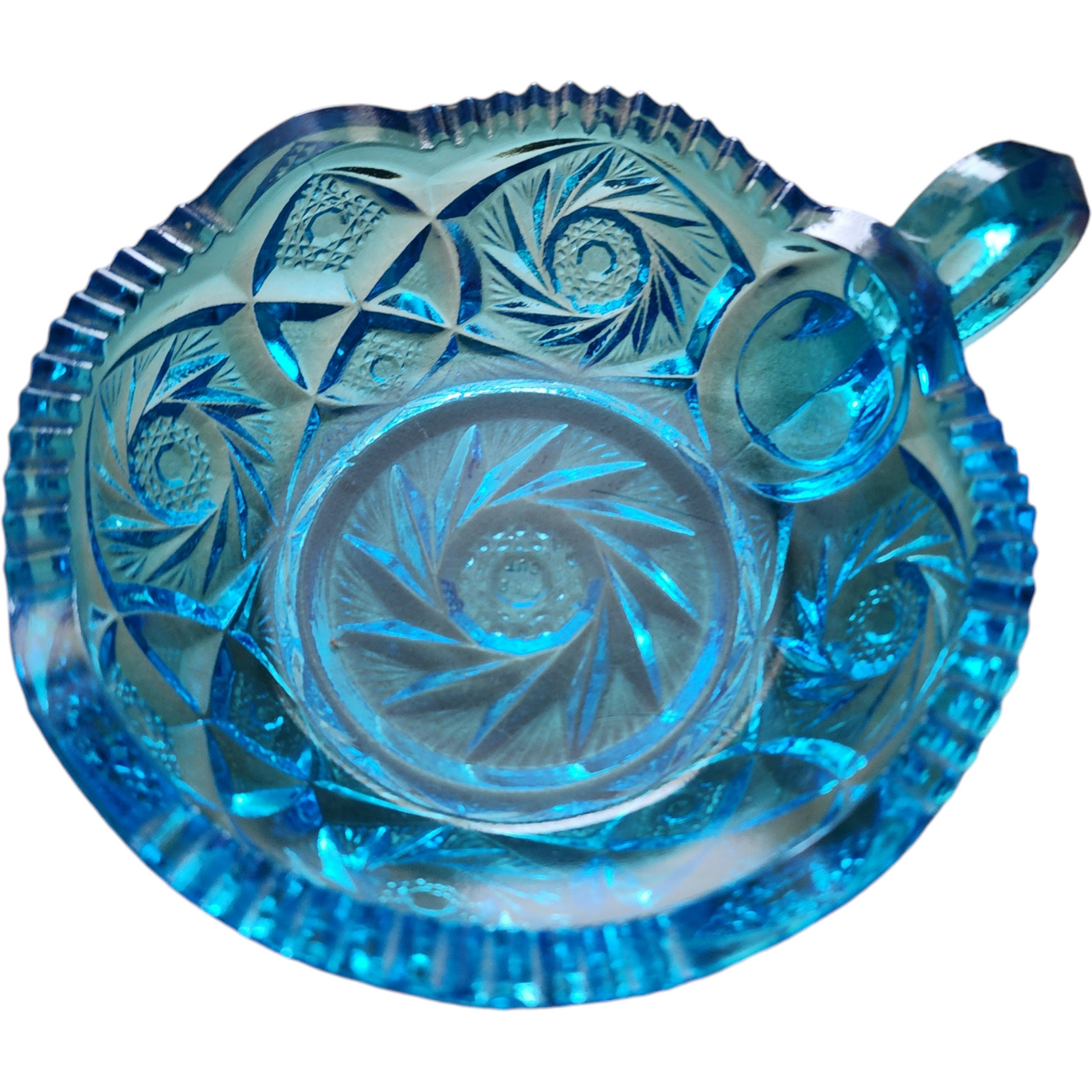 Mckee Blue Kemple Glass Nu Cut Handled Nappy Dish