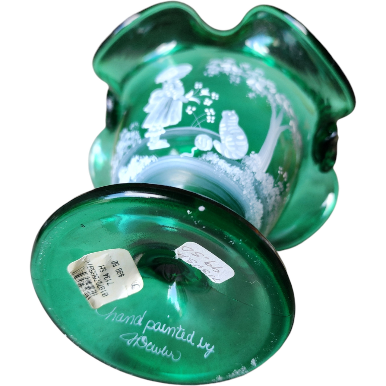 Fenton Emerald Green Mary Gregory Signed Art Glass Vase
