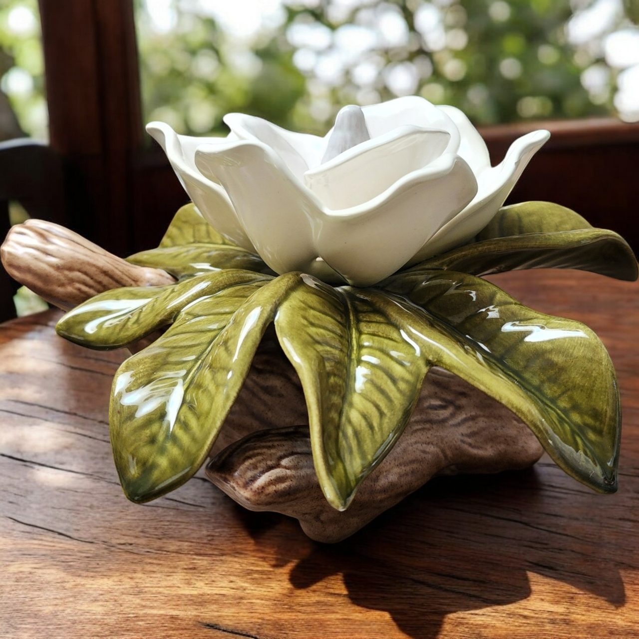 Jamar Mallory Ceramics Studio Cream and Green Ceramic Magnolia Flower ...