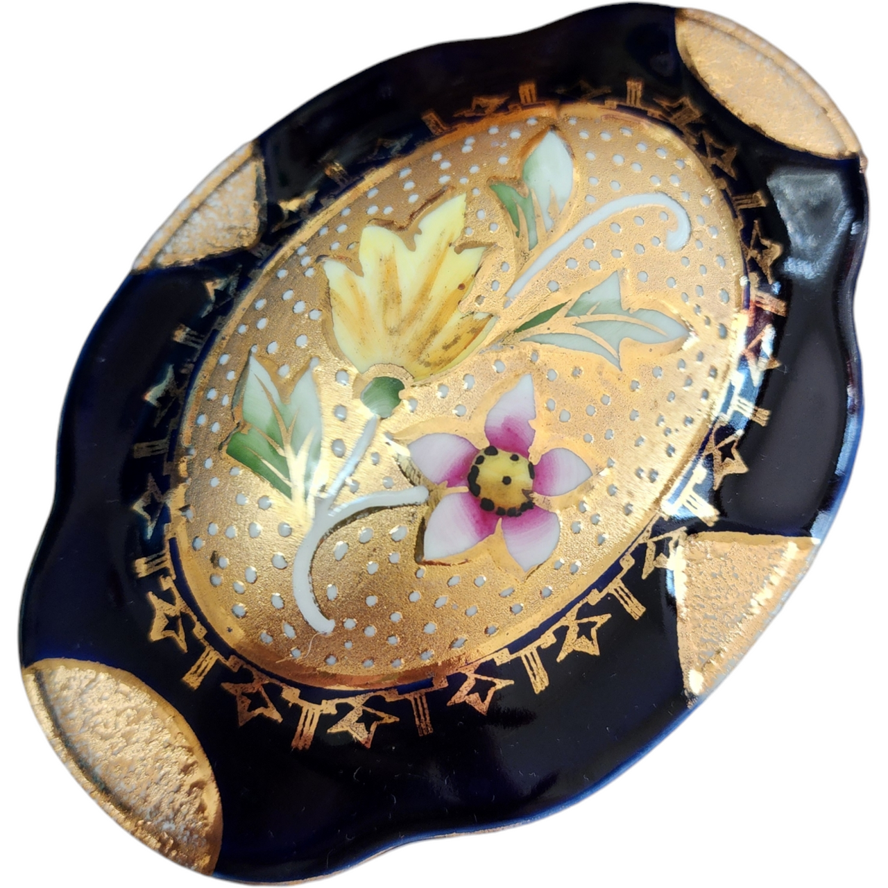 Limoges Castel Porcelain Oval Trinket Box Cobalt Blue & Gold Floral Design