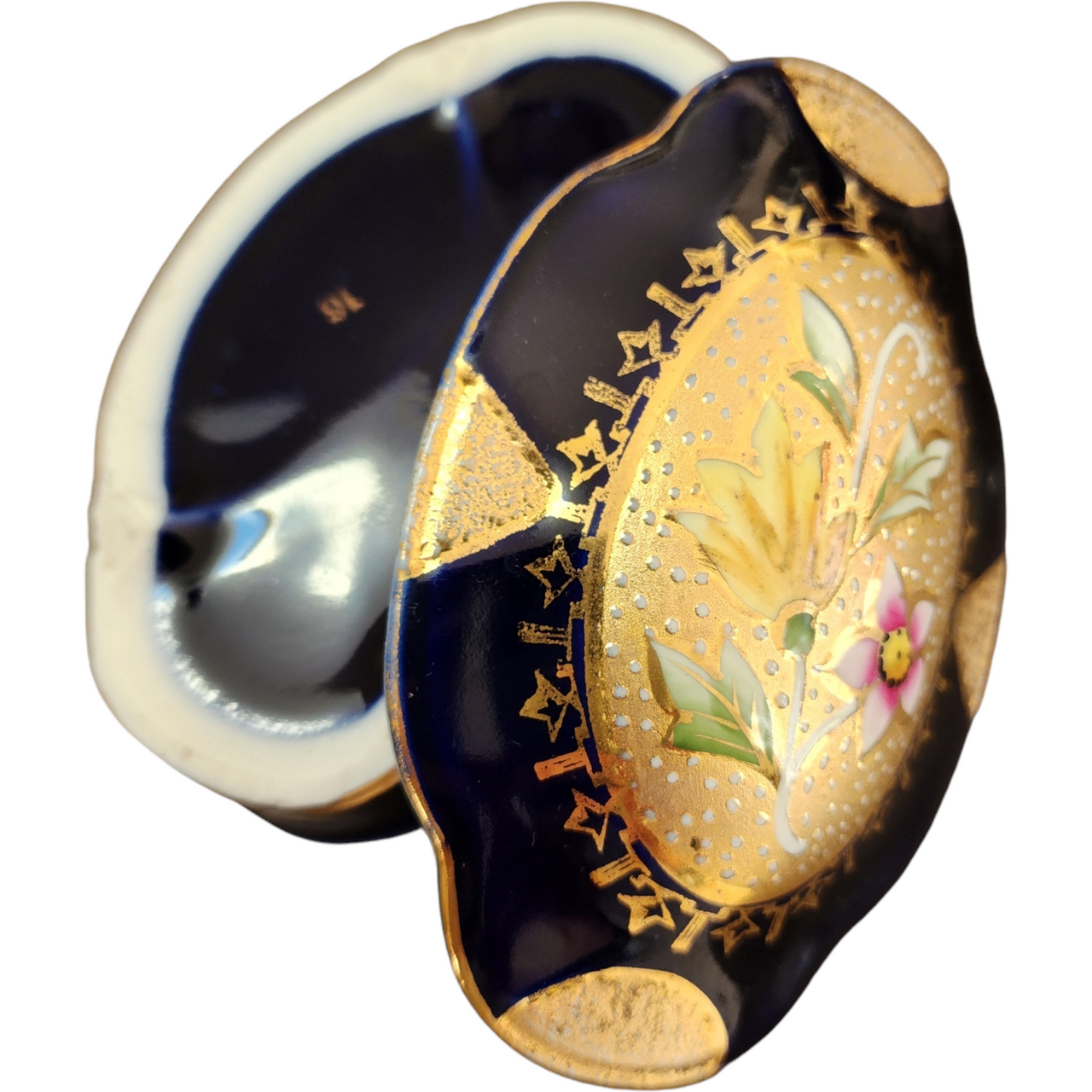 Limoges Castel Porcelain Oval Trinket Box Cobalt Blue & Gold Floral Design