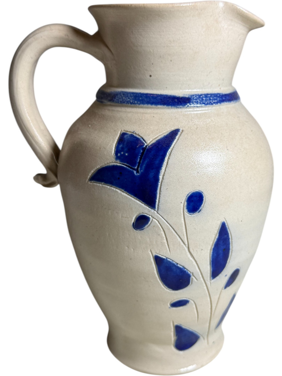 Vintage Handmade Stoneware Pottery Pitcher Cream Beige with Cobalt Blue ...