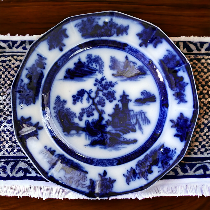 Wedgwood Chapoo 12 Sided Flow Blue Asian Scene Luncheon Plate