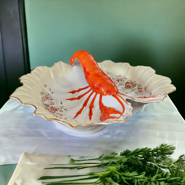 Painted Double-Sided Porcelain Painted Red lobster Handle Serving Dish ...