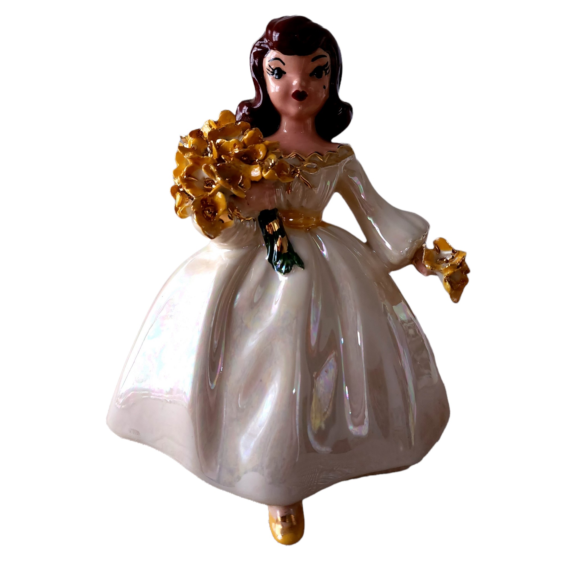 Holland Mold Ceramic Girl Figurine with Yellow Flowers Bouquet