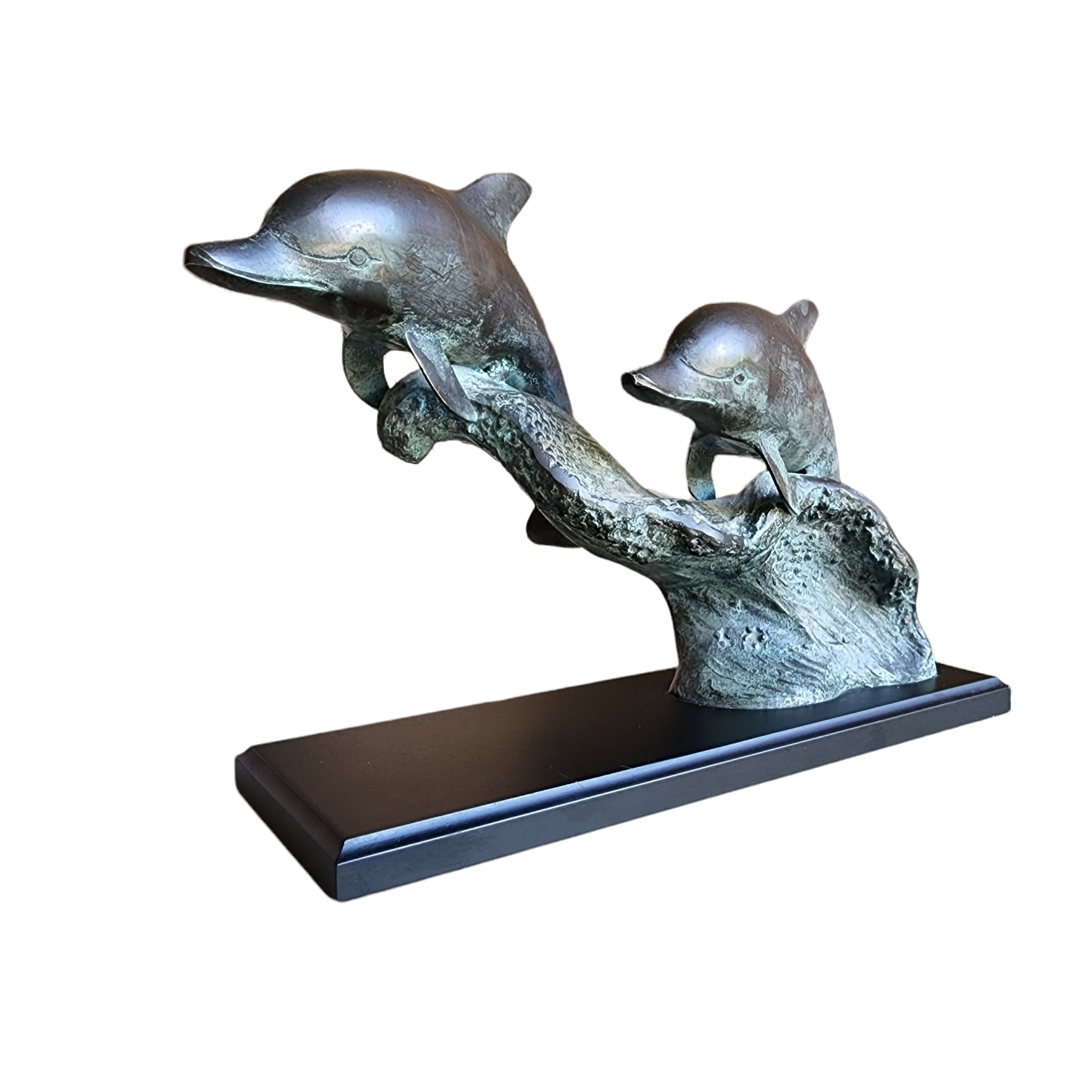 Antique Solid Bronze Twin Dolphins Sculpture on Wooden Pedestal Base
