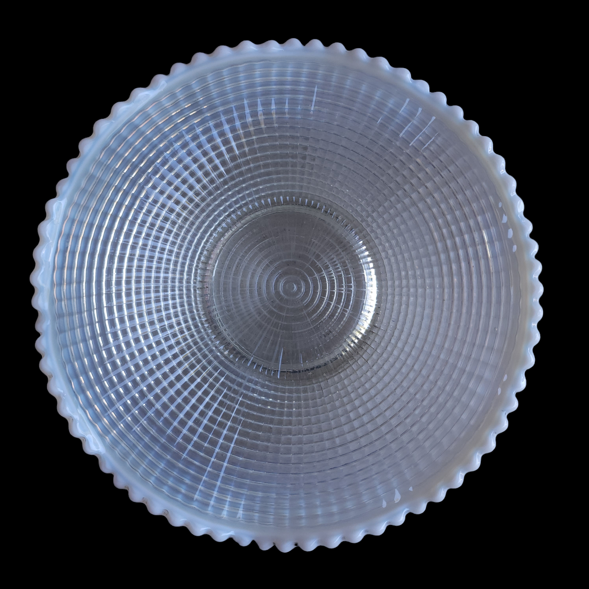 Antique EAPG Model Flint Ribbed Spiral White Opalescent Round Crimped Bowl
