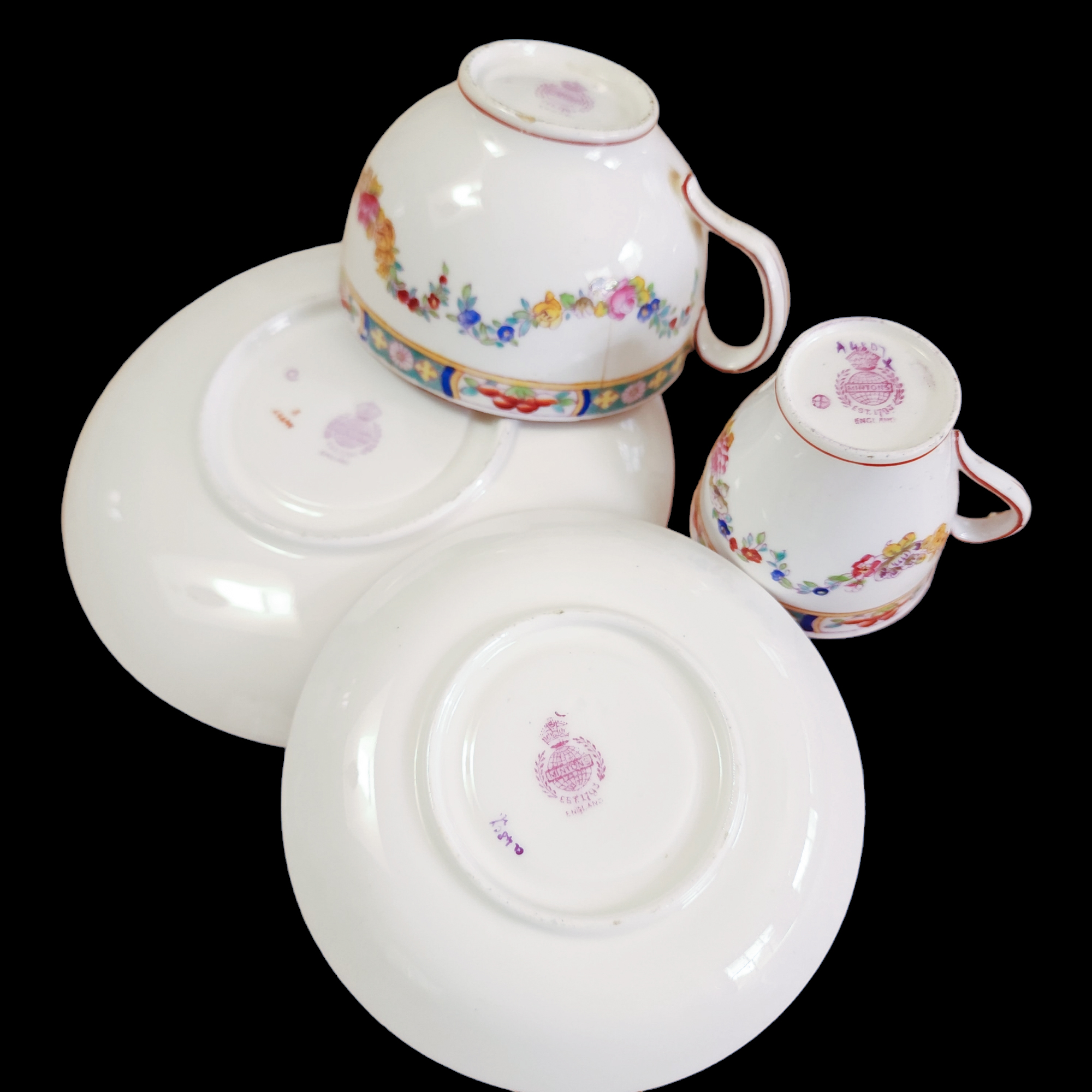 Minton Older Globe Backstamp Floral Swags Teacup & Saucer and Demitasse ...