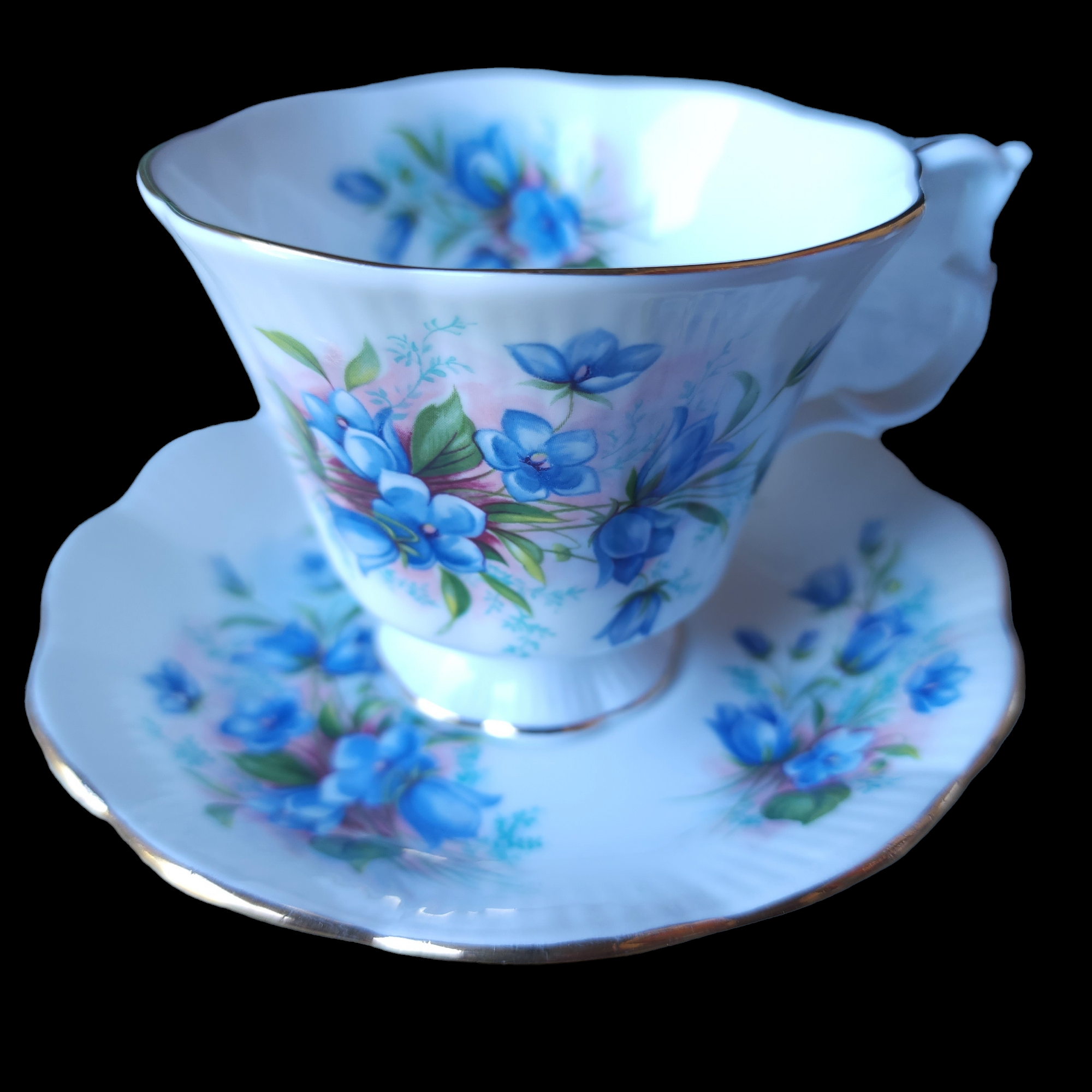 Royal Albert Blue Purple Flowers, Ribbed, Scalloped Footed Cup & Saucer Set