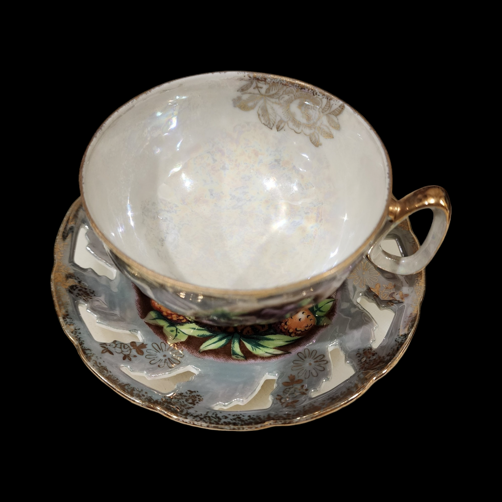 Royal Halsey Pierced Fruits Gold Flowers Trim Footed Cup & Saucer Set