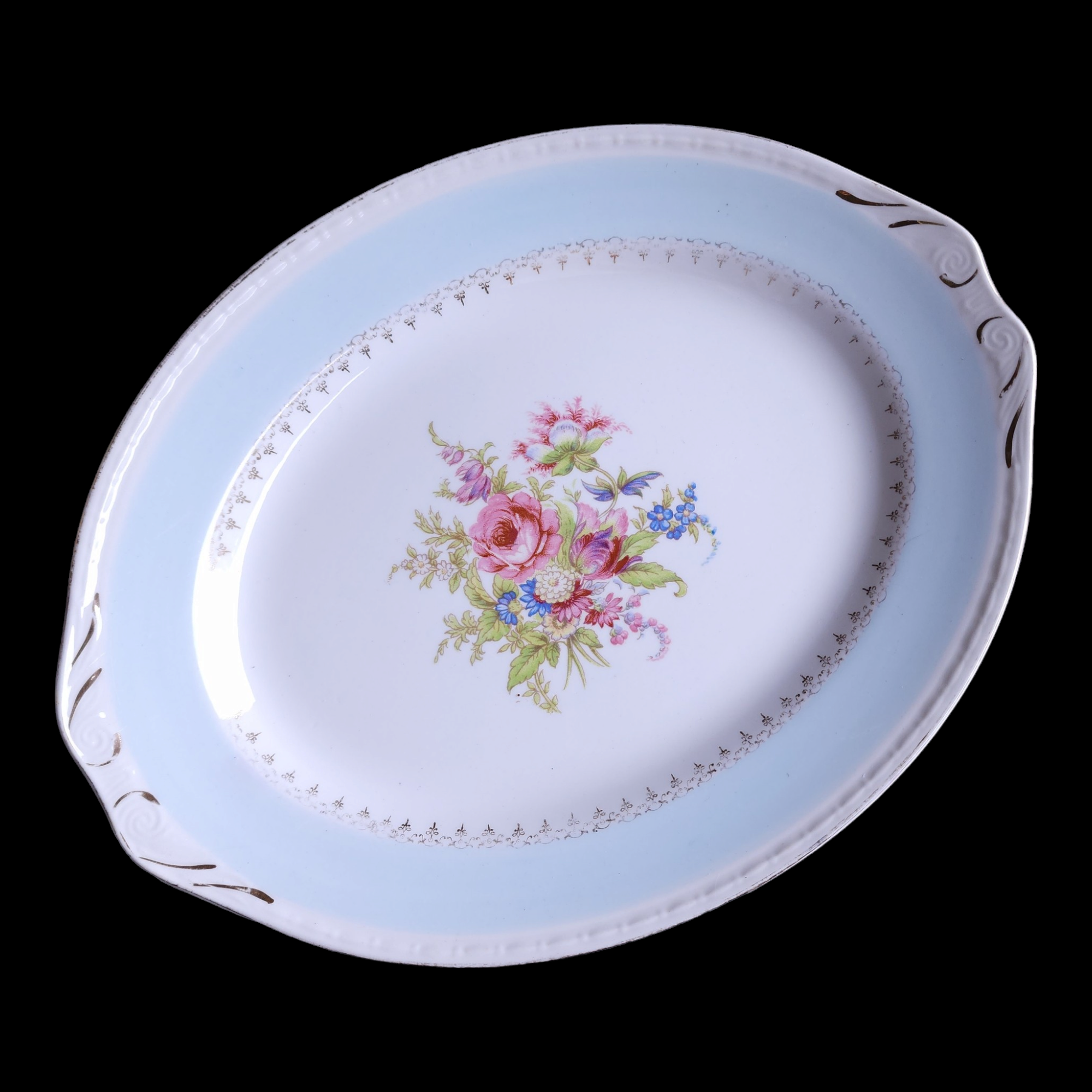 Homer Laughlin Chateau Light Blue Border Floral Center Filigree Oval ...