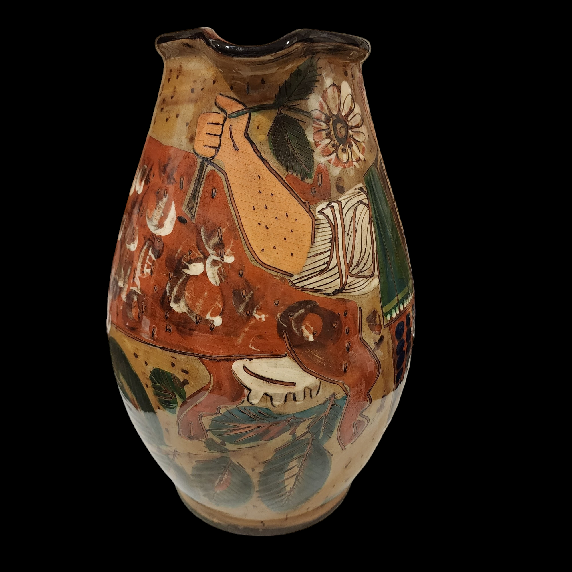 Large Slipware Earthenware European Art Pottery Arrow Mark Pitcher Vase ...