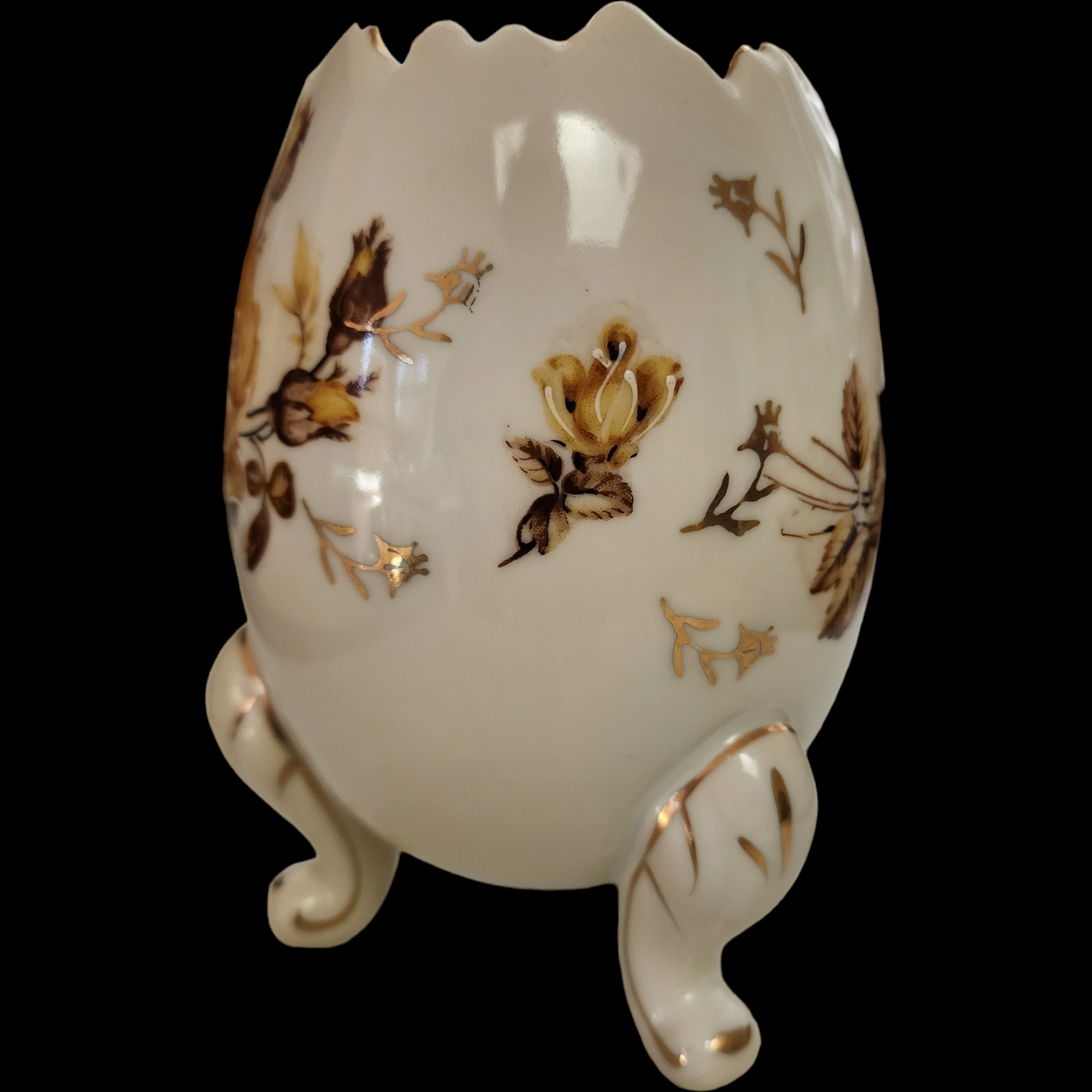 6" Napco Ceramic Gold Roses Brown Leaves Cracked Egg Footed Vase