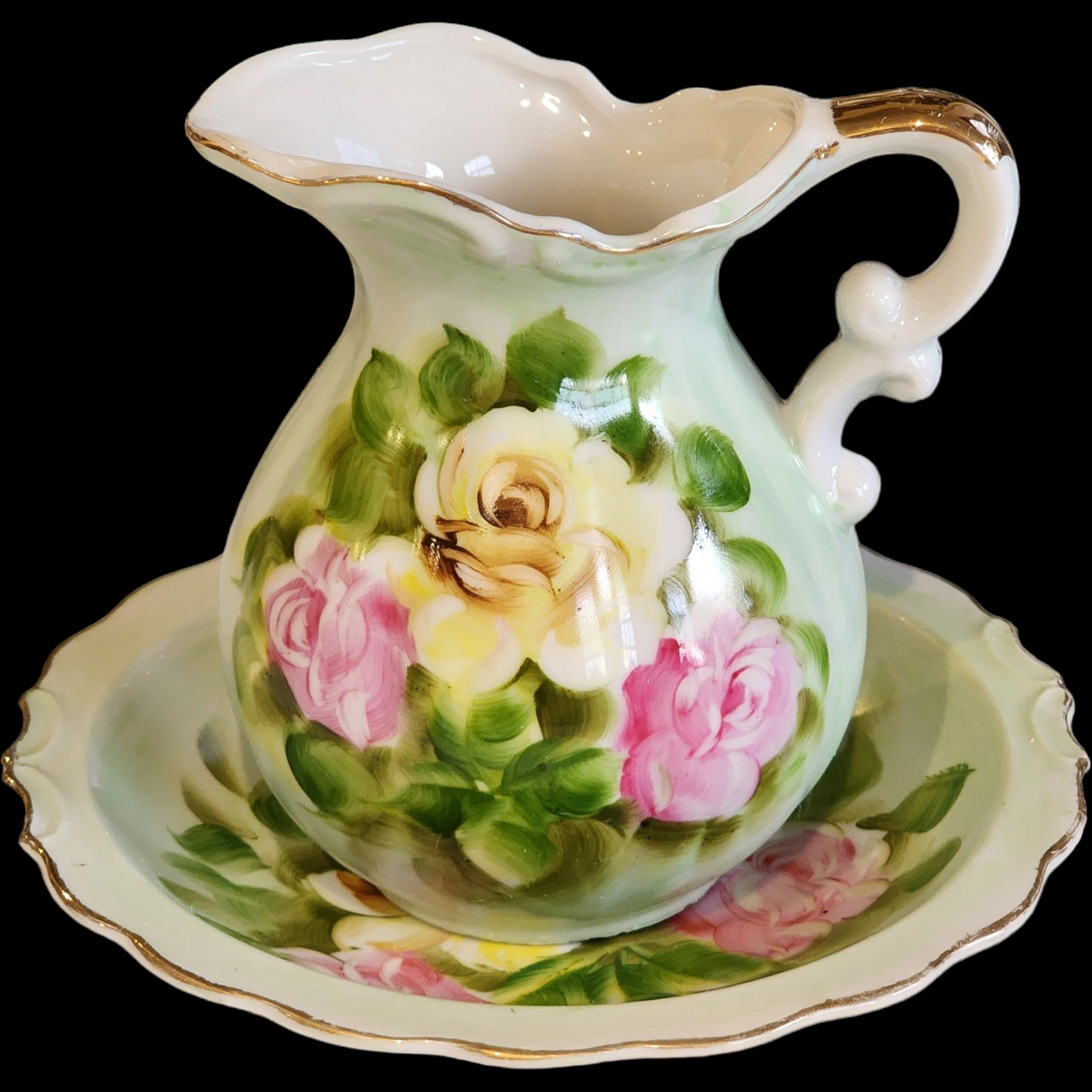 Lefton Heritage Green Pink Roses Green Background Gold Trim 20 Oz ...