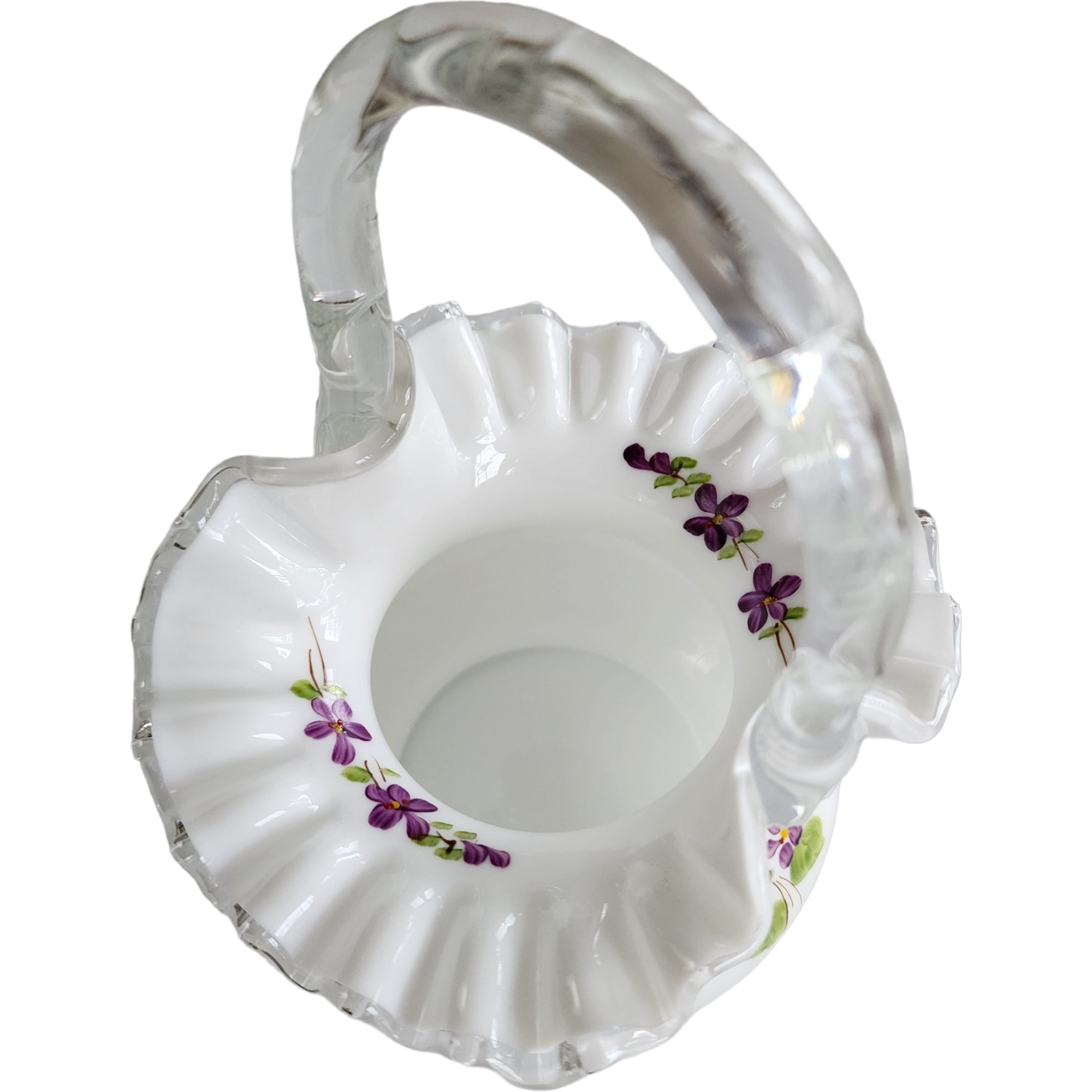 7" Fenton Violets In The Snow Milk Glass Basket