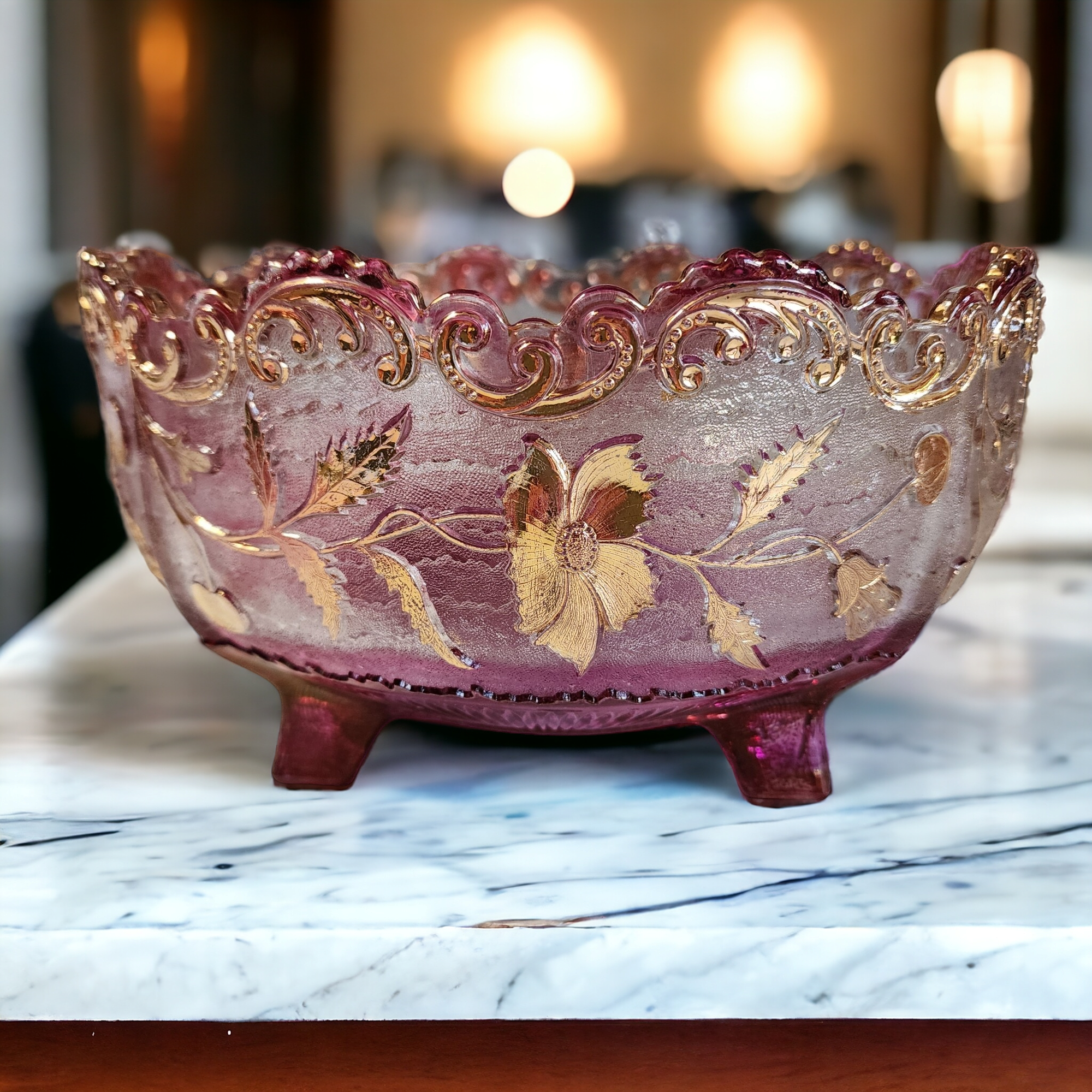 9" US Glass Delaware Ruby Flash Gold Accent Footed Bowl