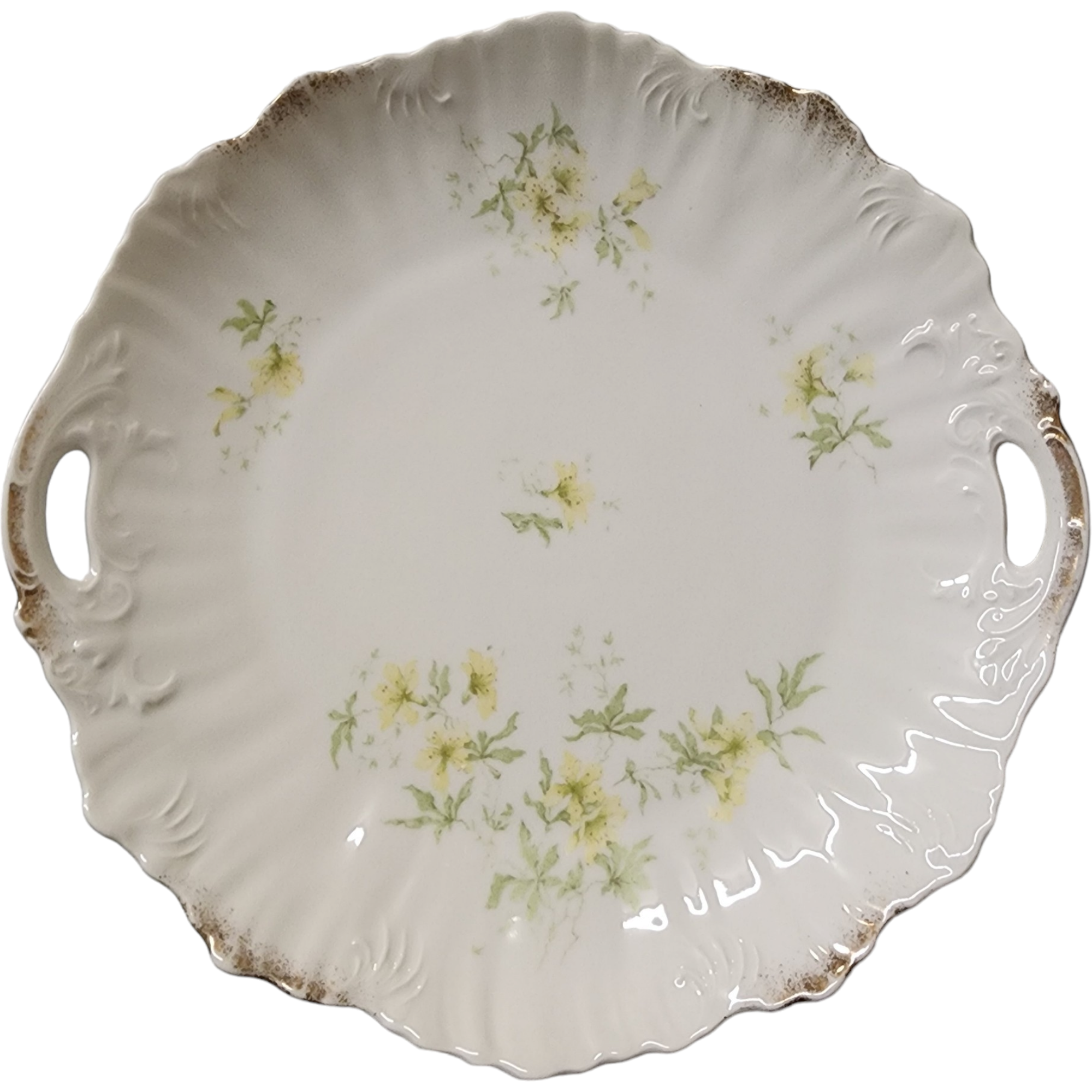 M.Z. Austria Yellow Flowers Embossed Porcelain Handled Cake Plate