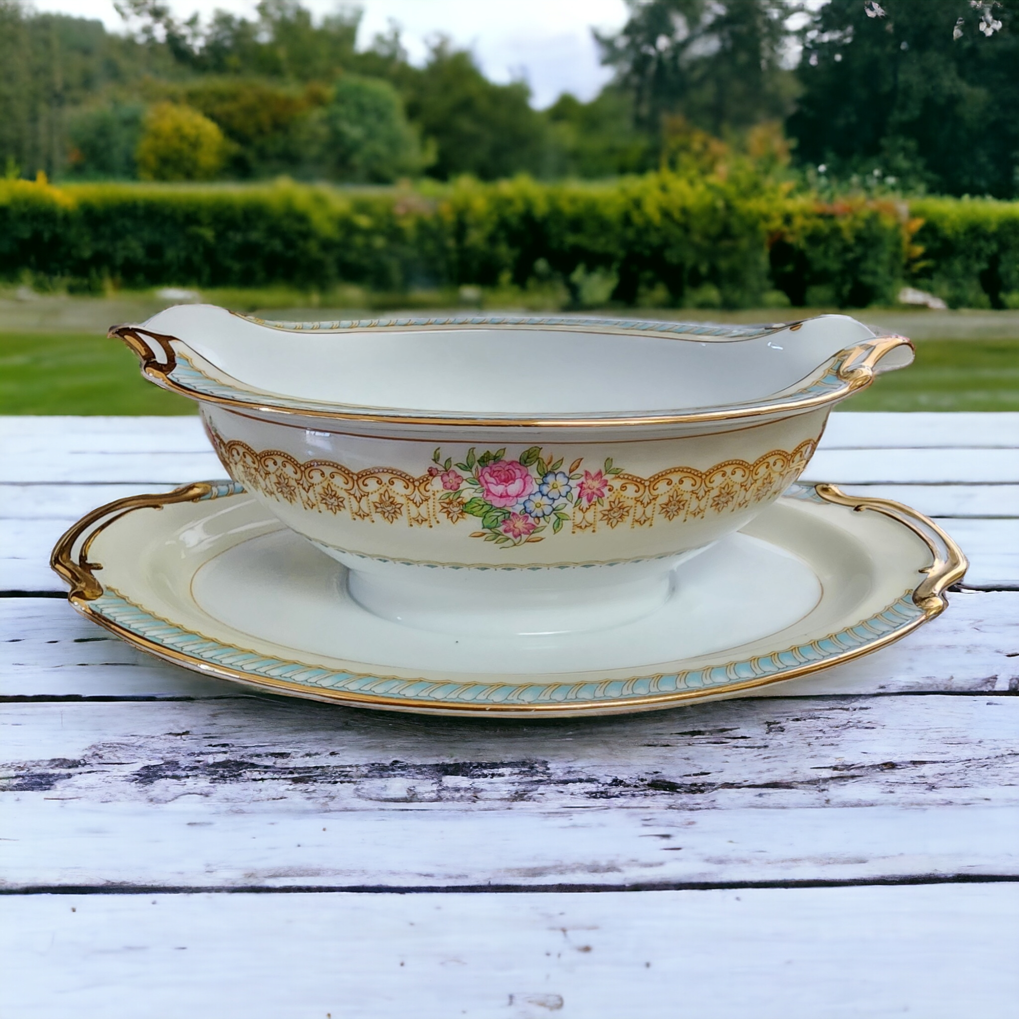 Noritake Juno Blue & Tan Band Flowers Tan Scrolls Rim Gravy Boat with ...
