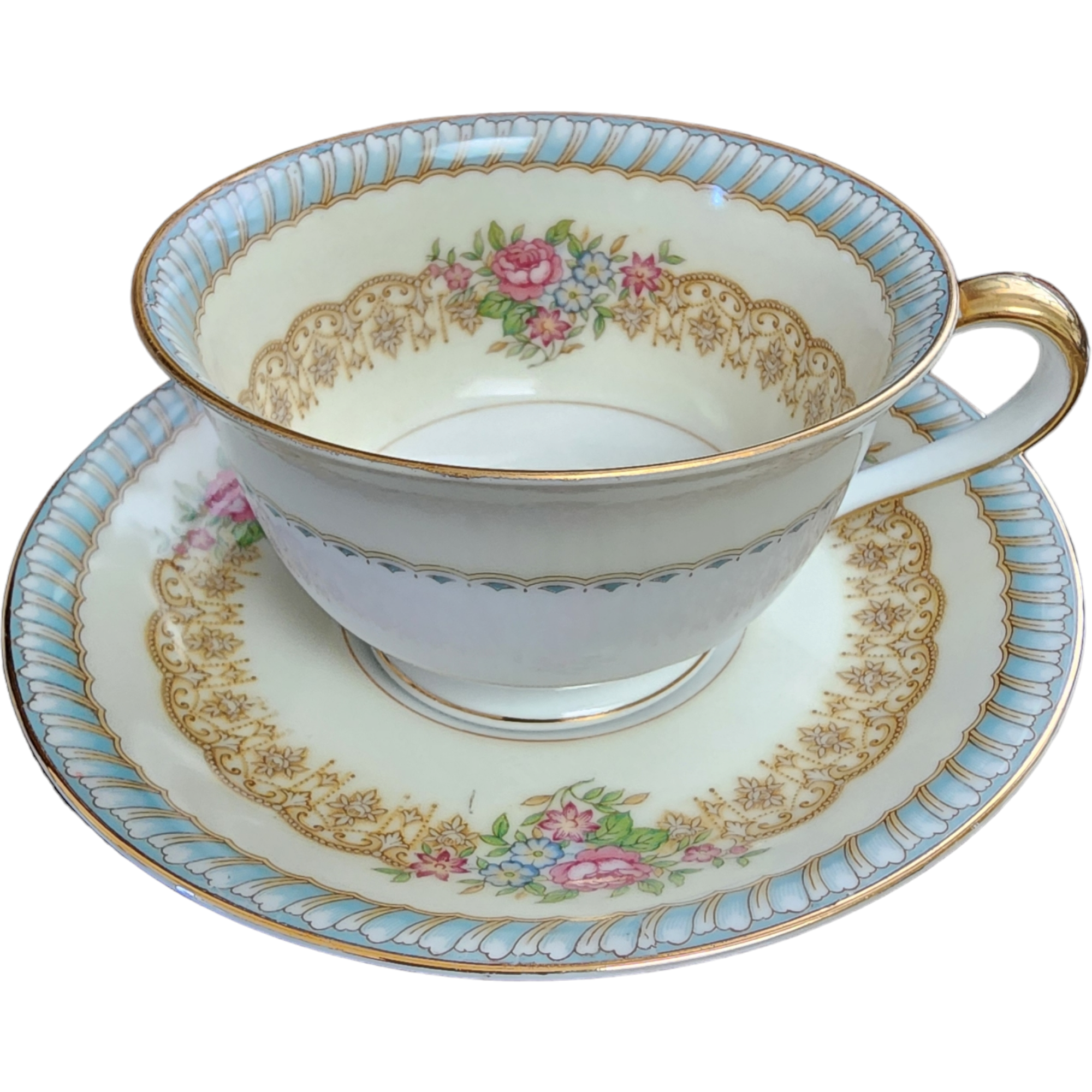 Noritake Juno Blue & Tan Band Flowers Tan Scrolls Footed Cup & Saucer ...