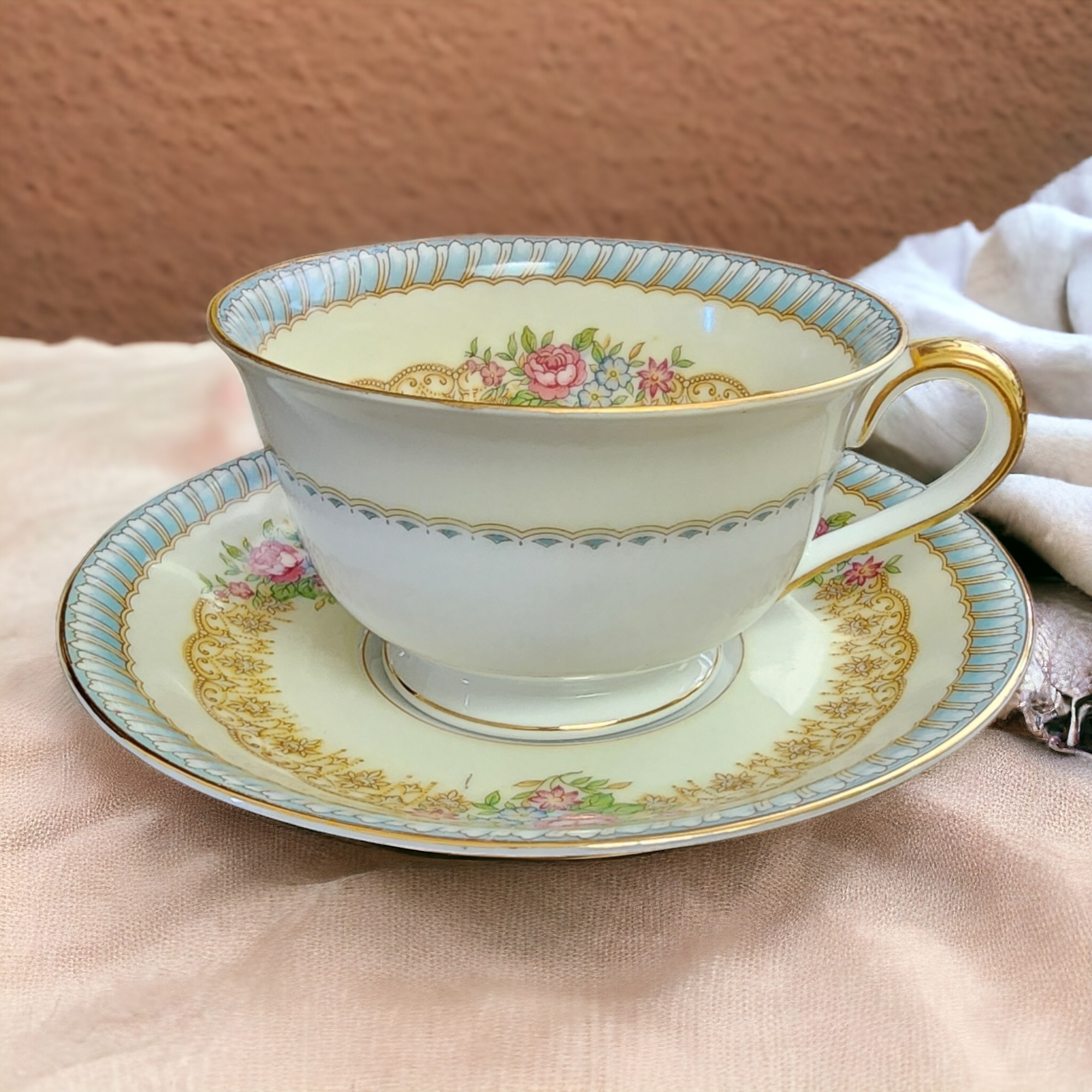 Noritake Juno Blue & Tan Band Flowers Tan Scrolls Footed Cup & Saucer ...