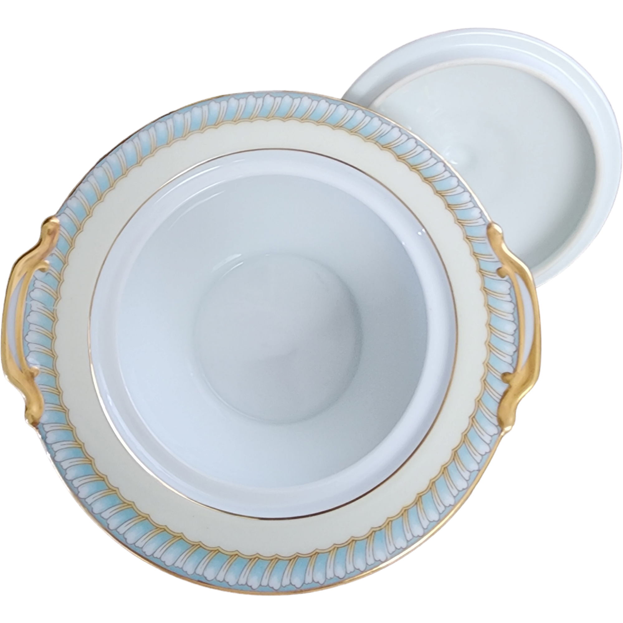 Noritake Juno Blue & Tan Band Flowers Tan Scrolls Sugar Bowl & Lid Japan
