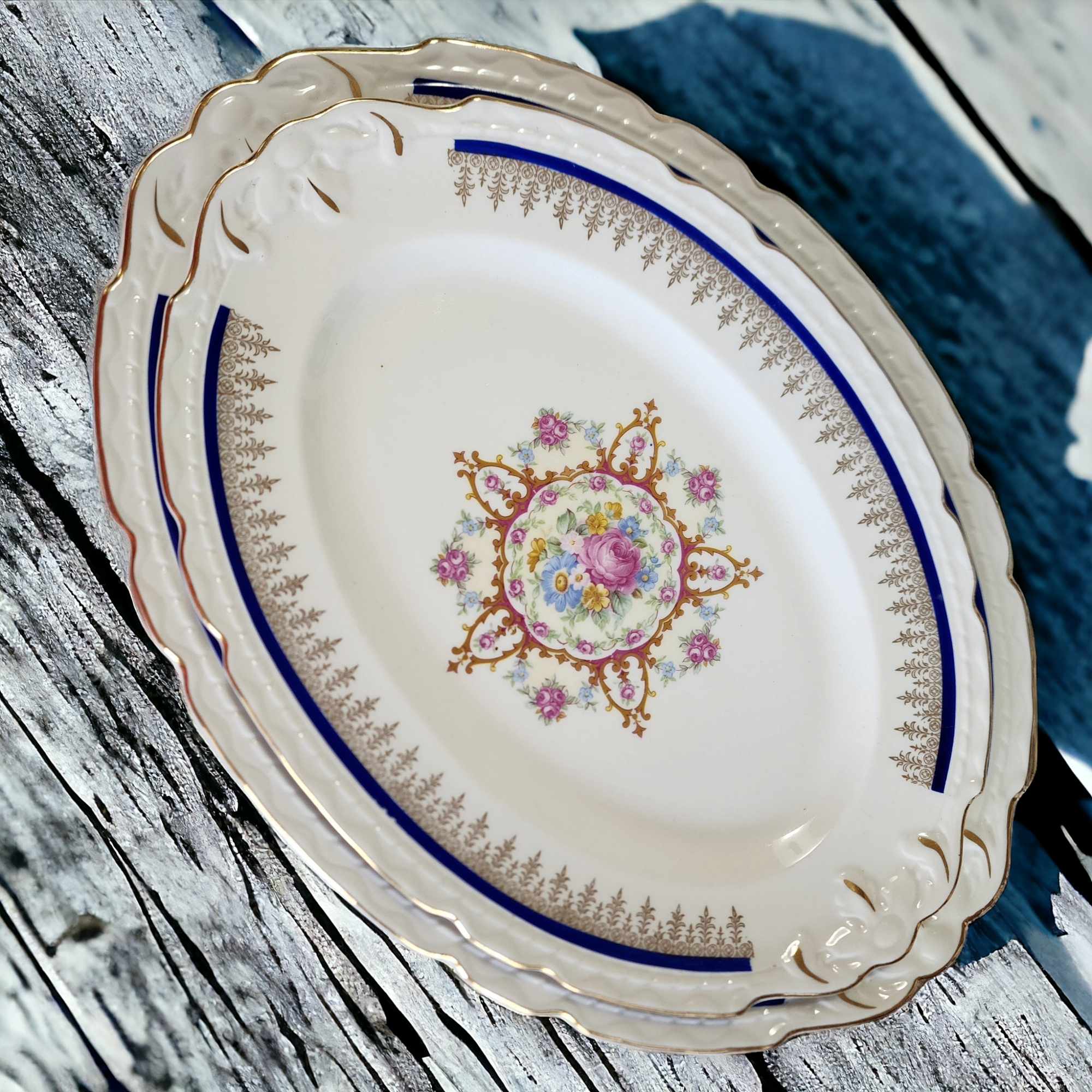 13" Embassy Vitrified China American Floral Center Cobalt Blue Band ...