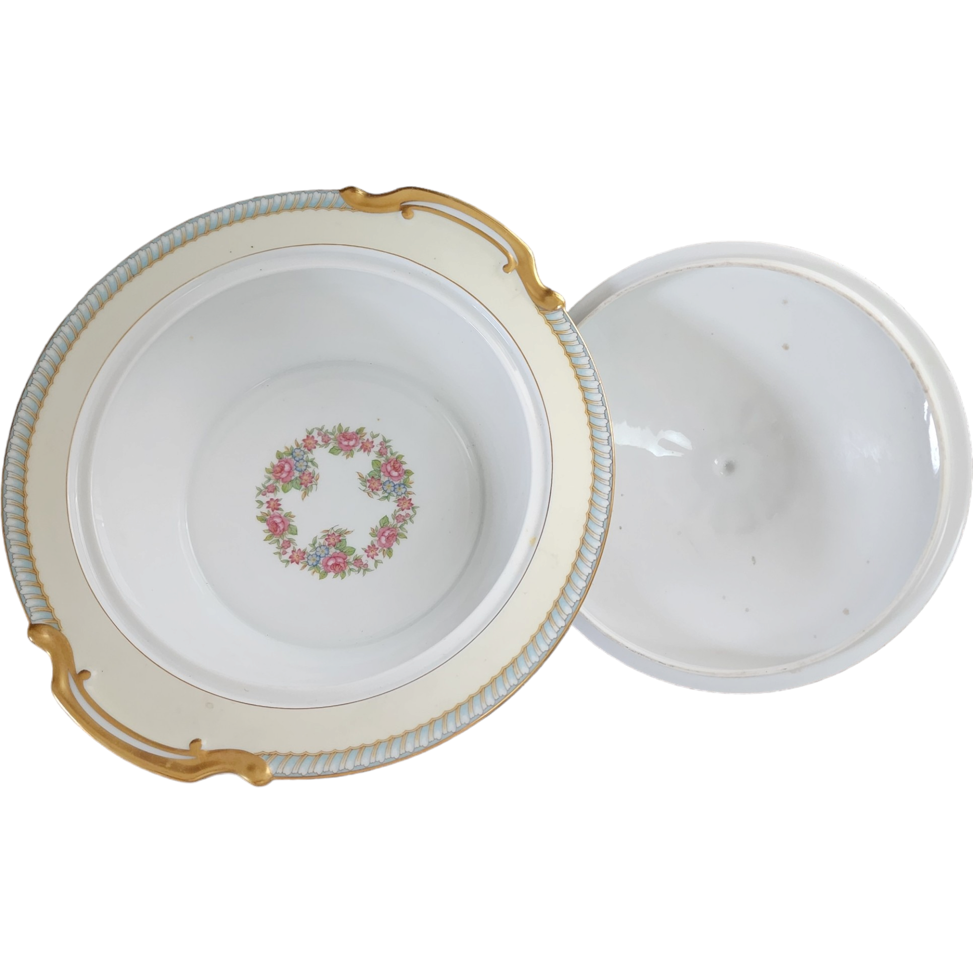 Noritake Juno Blue & Tan Band Flowers Tan Scrolls Round Covered ...