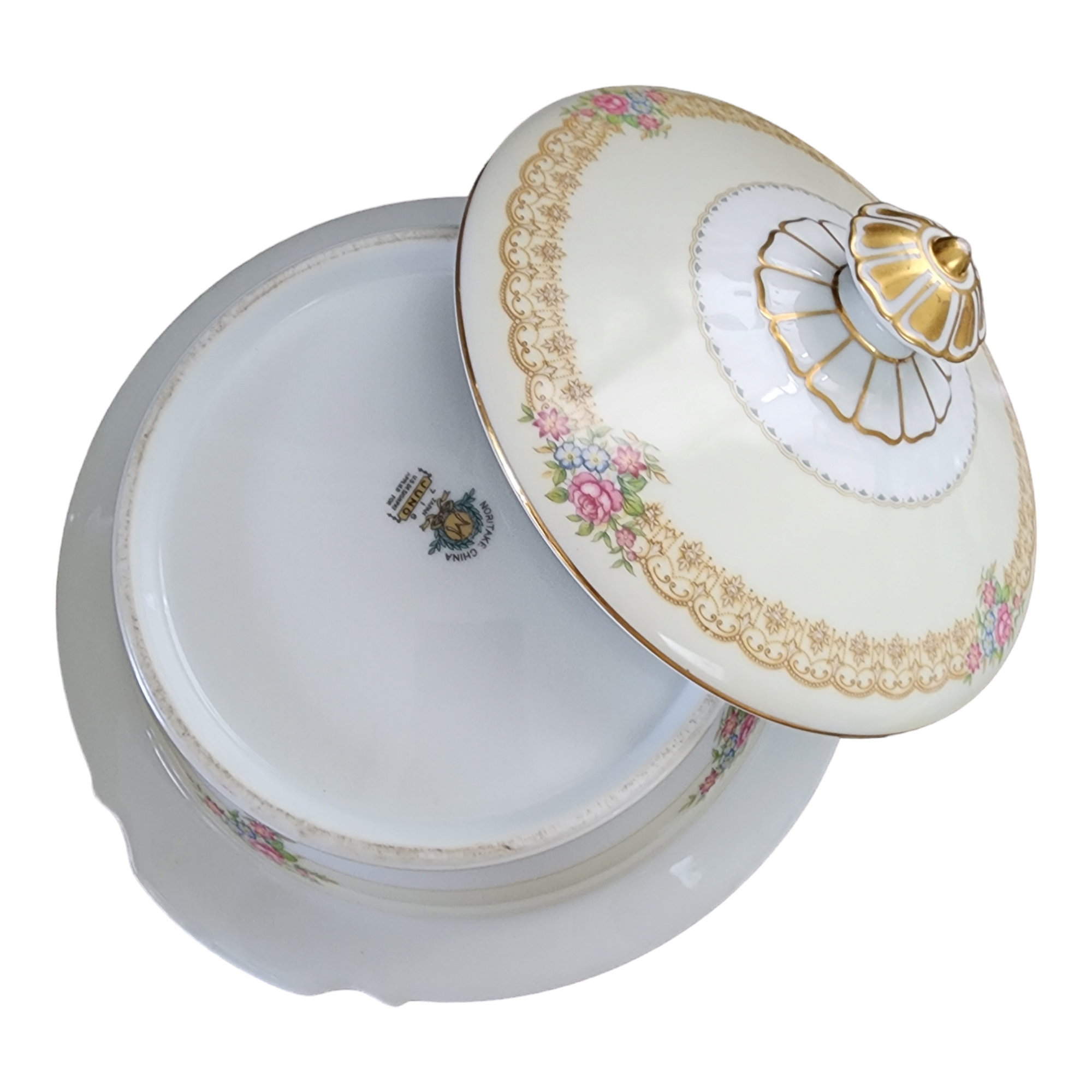 Noritake Juno Blue & Tan Band Flowers Tan Scrolls Round Covered ...