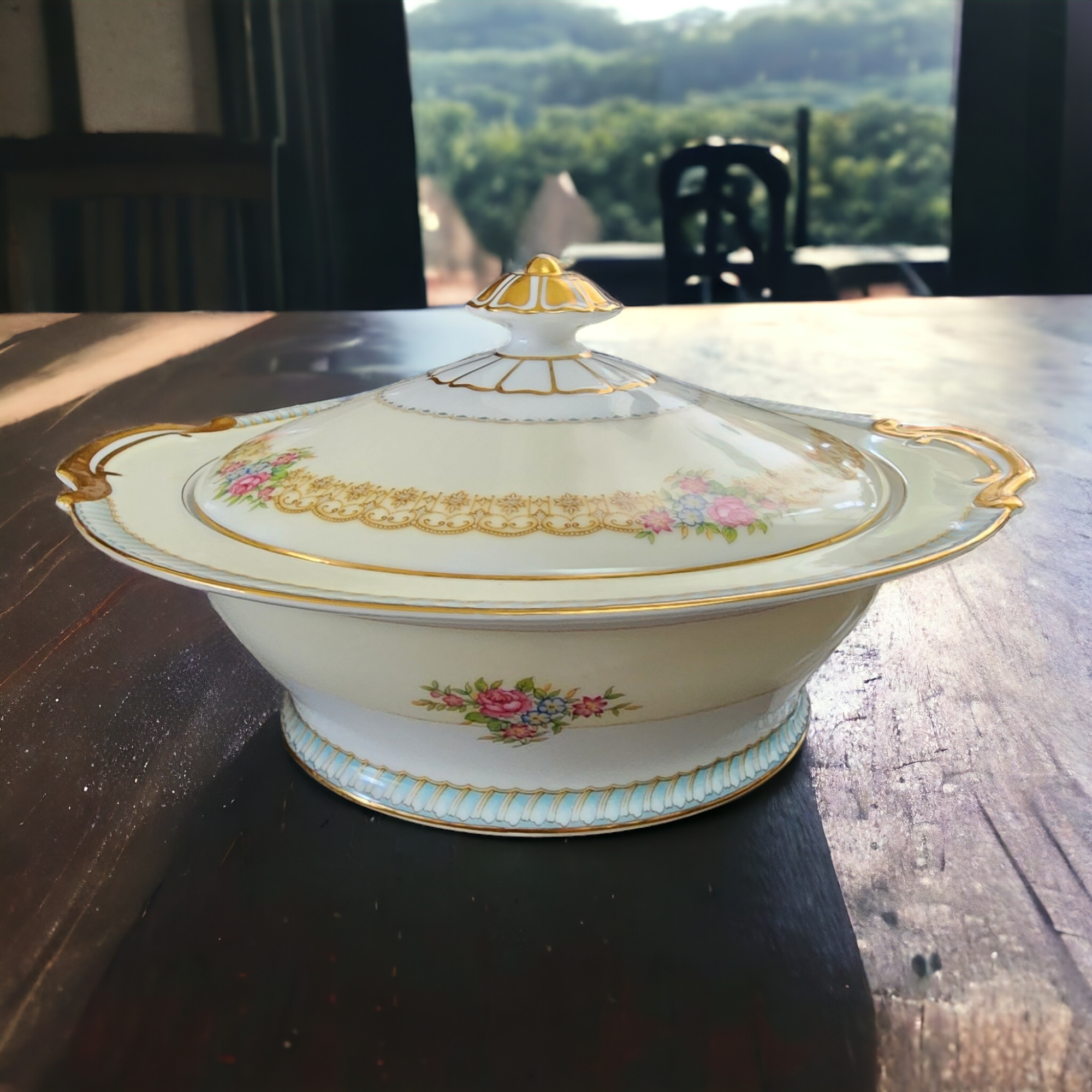 Noritake Juno Blue & Tan Band Flowers Tan Scrolls Round Covered ...