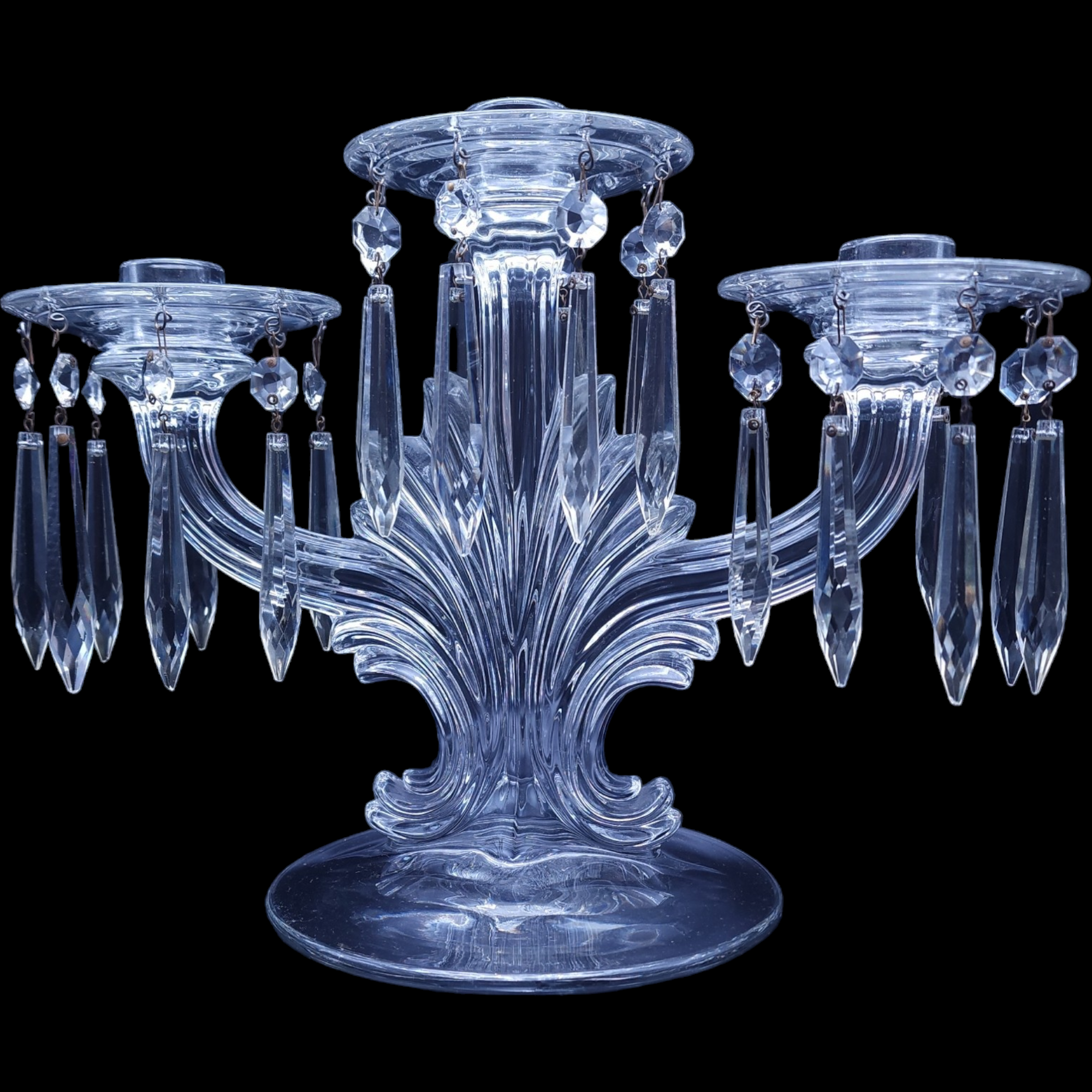 Fostoria Clear 3 Light Candlestick with Bobeches & 24 Prisms