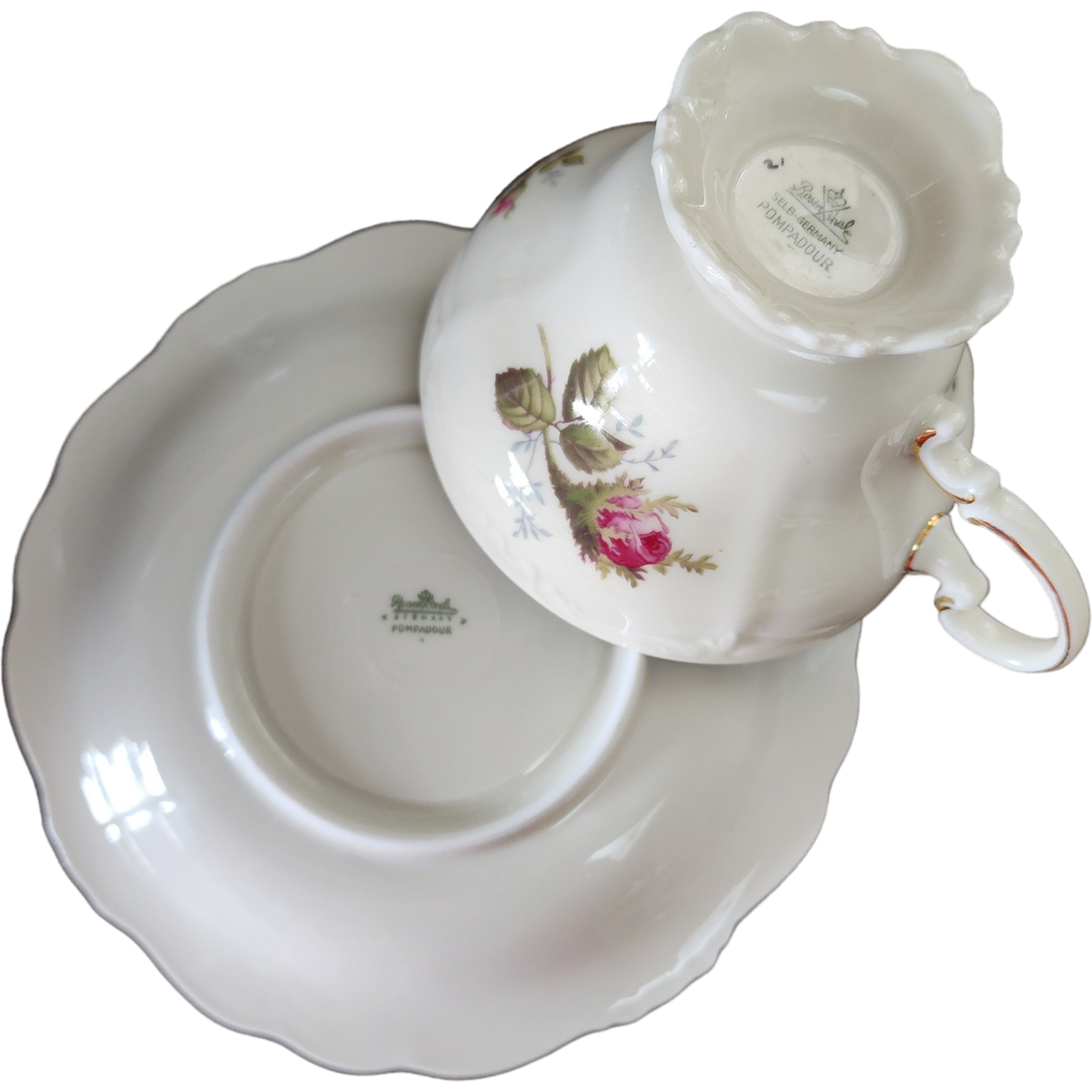Rosenthal Pompadour Ivory Moss Rose Footed Cup & Saucer Set
