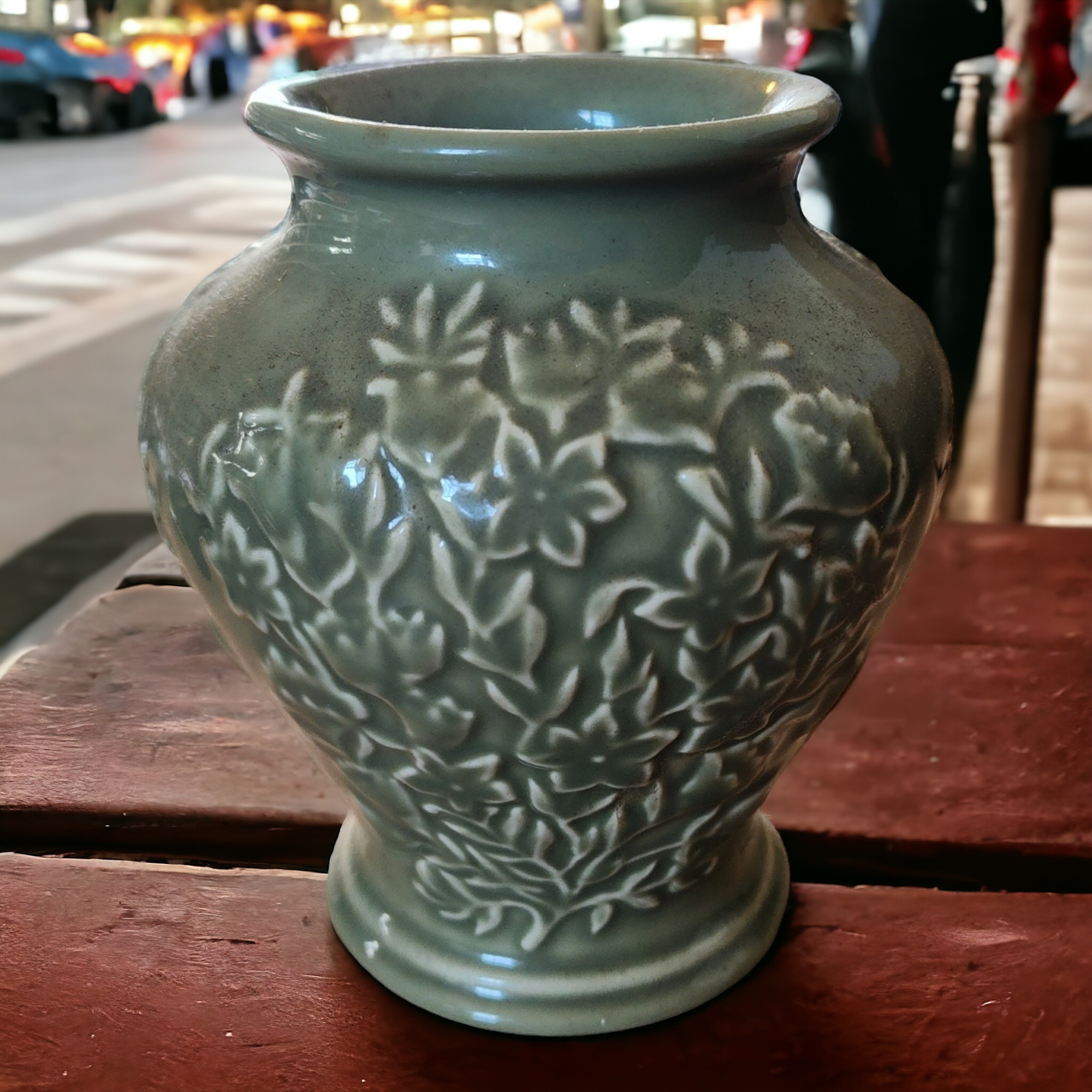 Longaberger Pottery Green Sage Embossed Floral Vase
