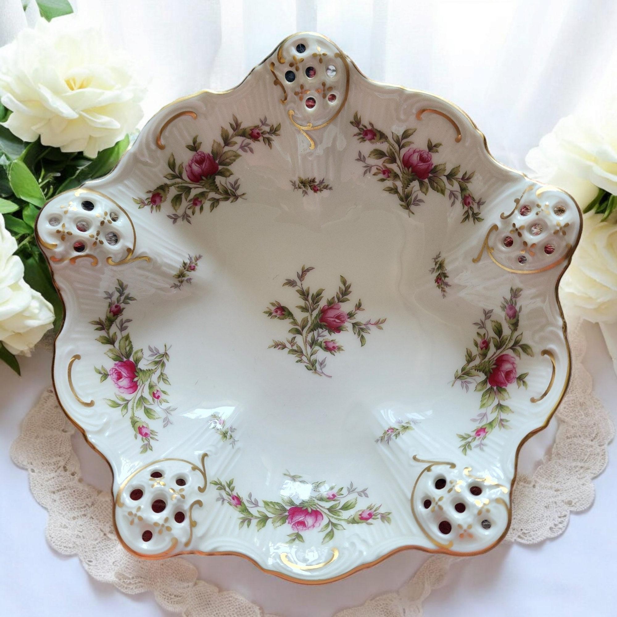 Rosenthal Continental Moss Rose Pompadour Ivory Large Pierced Candy Dish