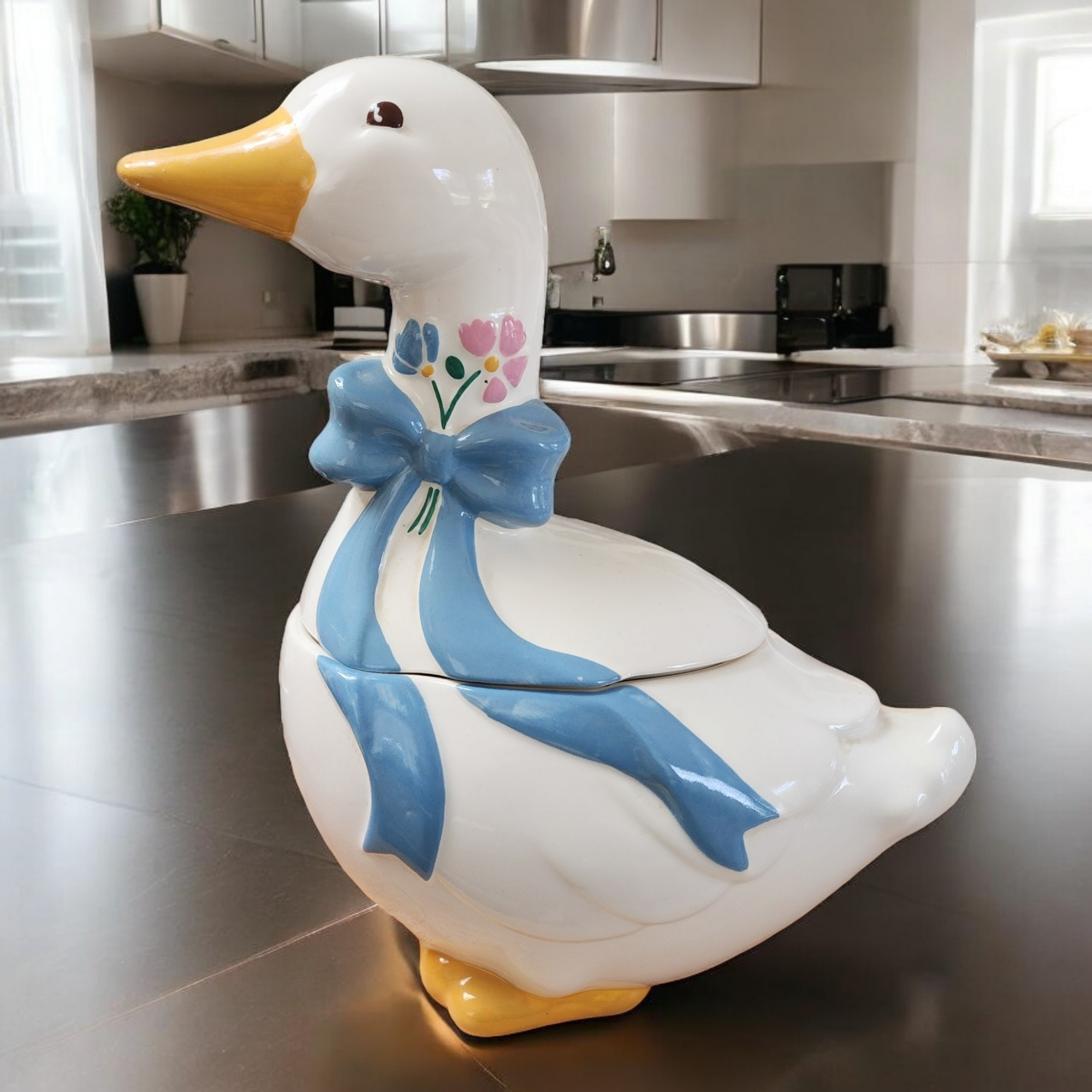 Figural White Goose With Blue Ribbon Bow Shaped Cookie Jar & Lid