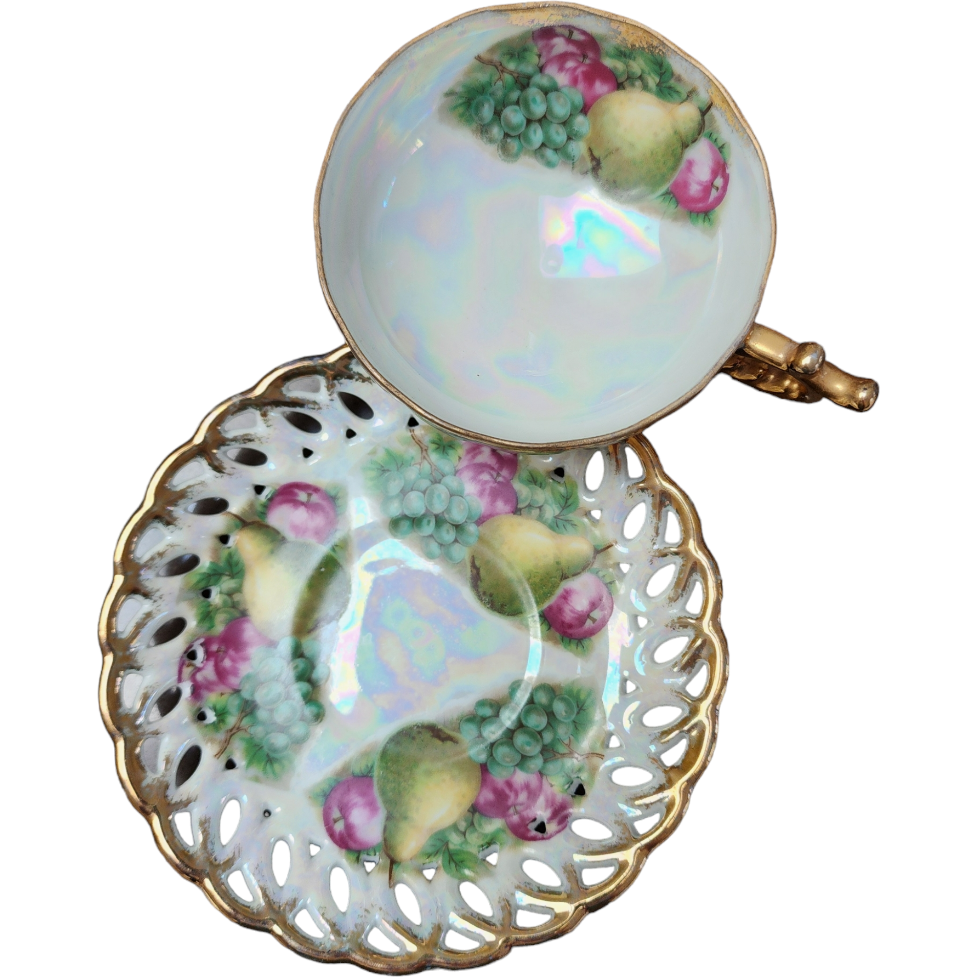 Fan Crest Iridescent Lusterware Gold Filigree Cup & Saucer Set 1975