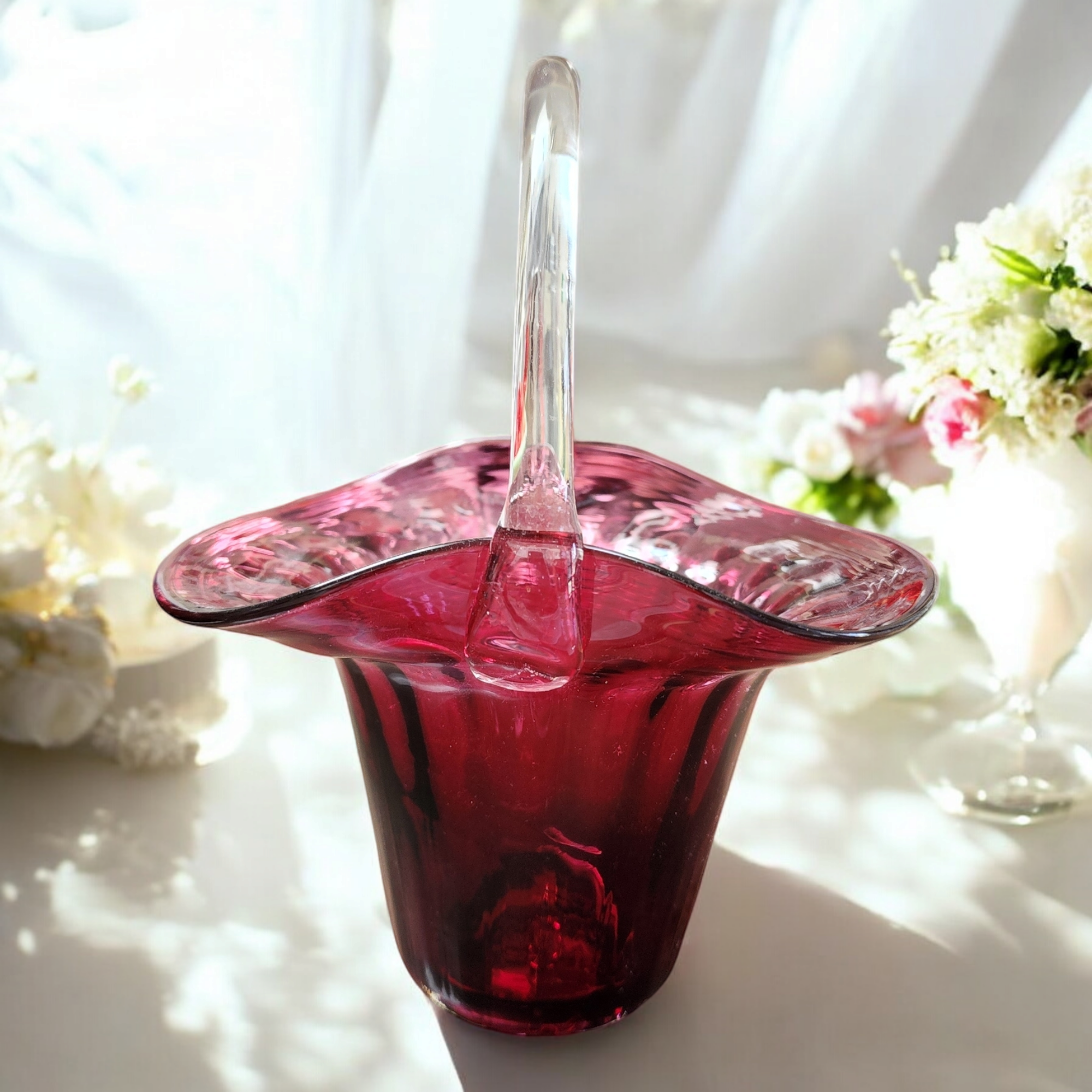 9" Pilgrim Glass Cranberry Optic Handled Basket