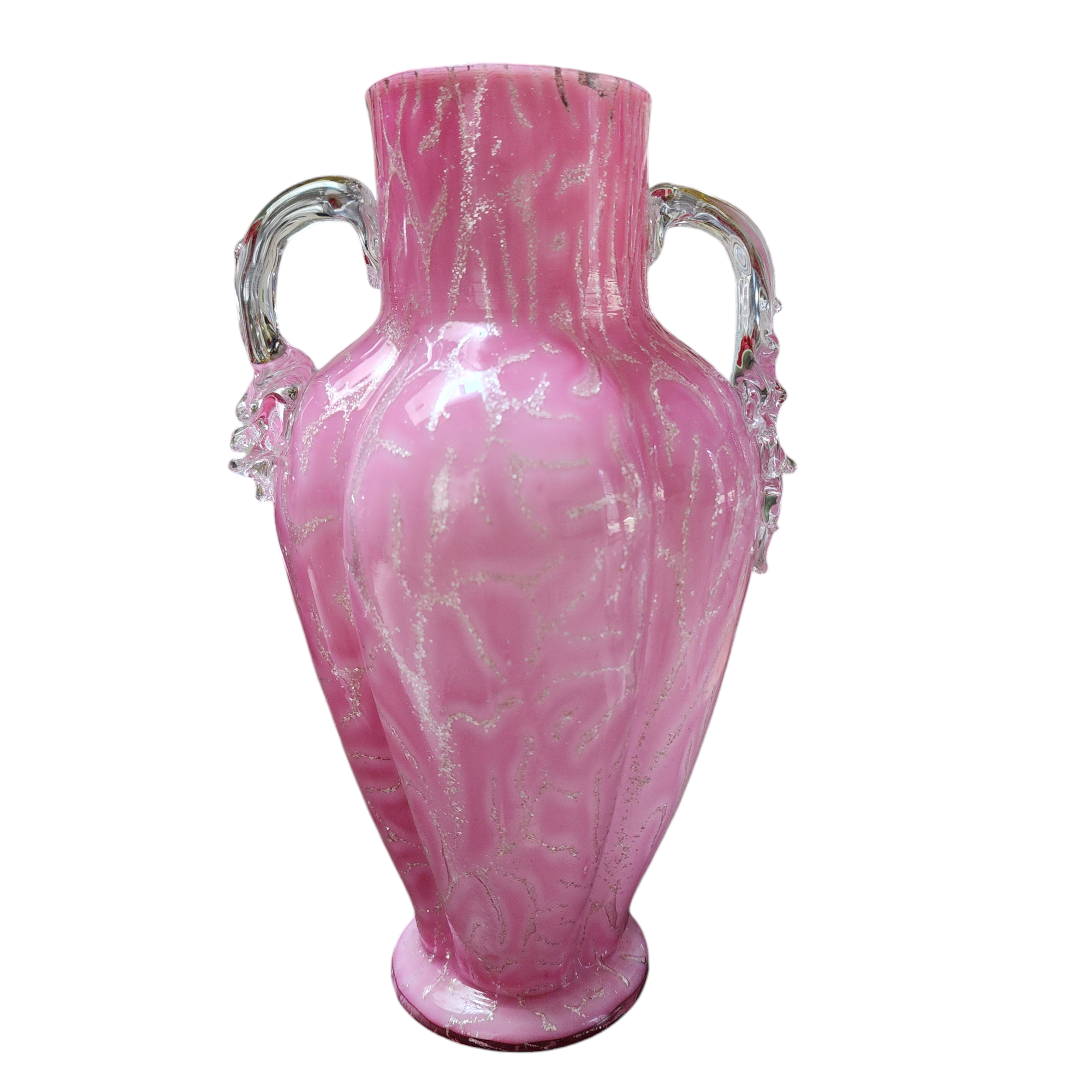 Antique English Pink Spangle Glass Vase with Clear Handles and Mica ...