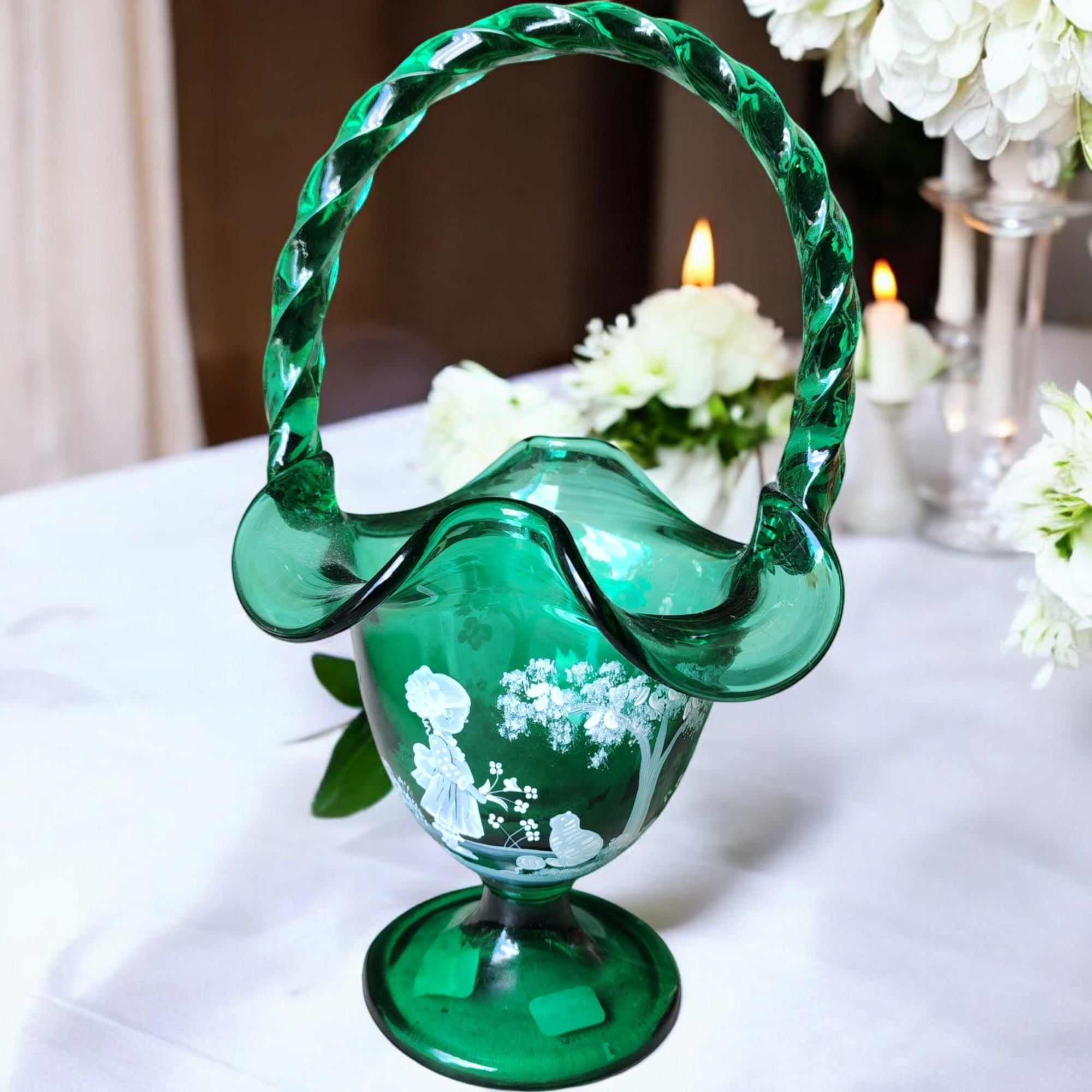 Fenton Emerald Green Mary Gregory Signed Art Glass Vase