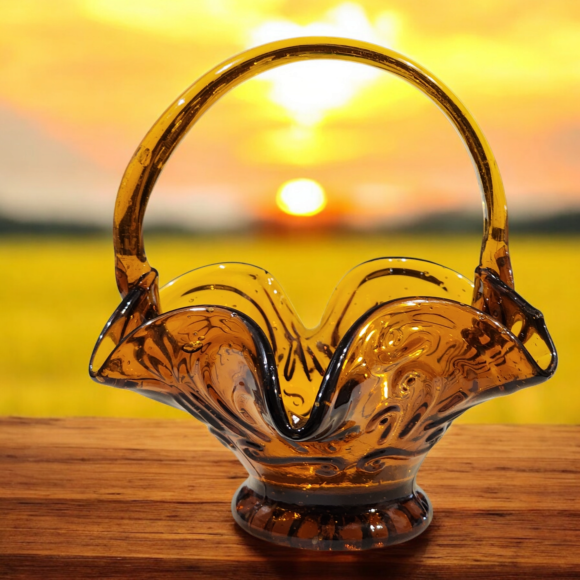Vintage Amber Pressed Glass Basket Swirled Ruffled Edge with Handle Mid ...