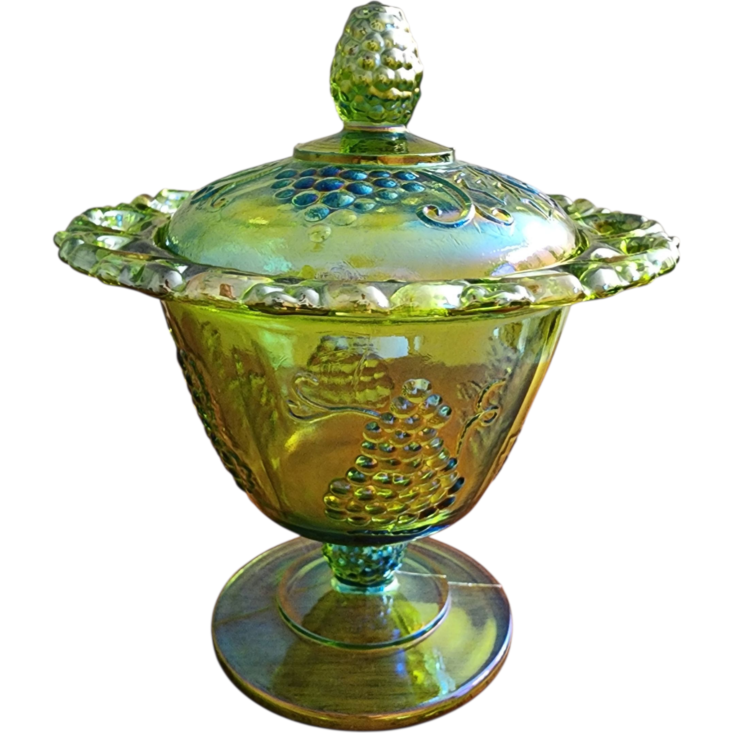 Vintage Green Carnival Glass Grape Pattern Lidded Compote Dish with ...